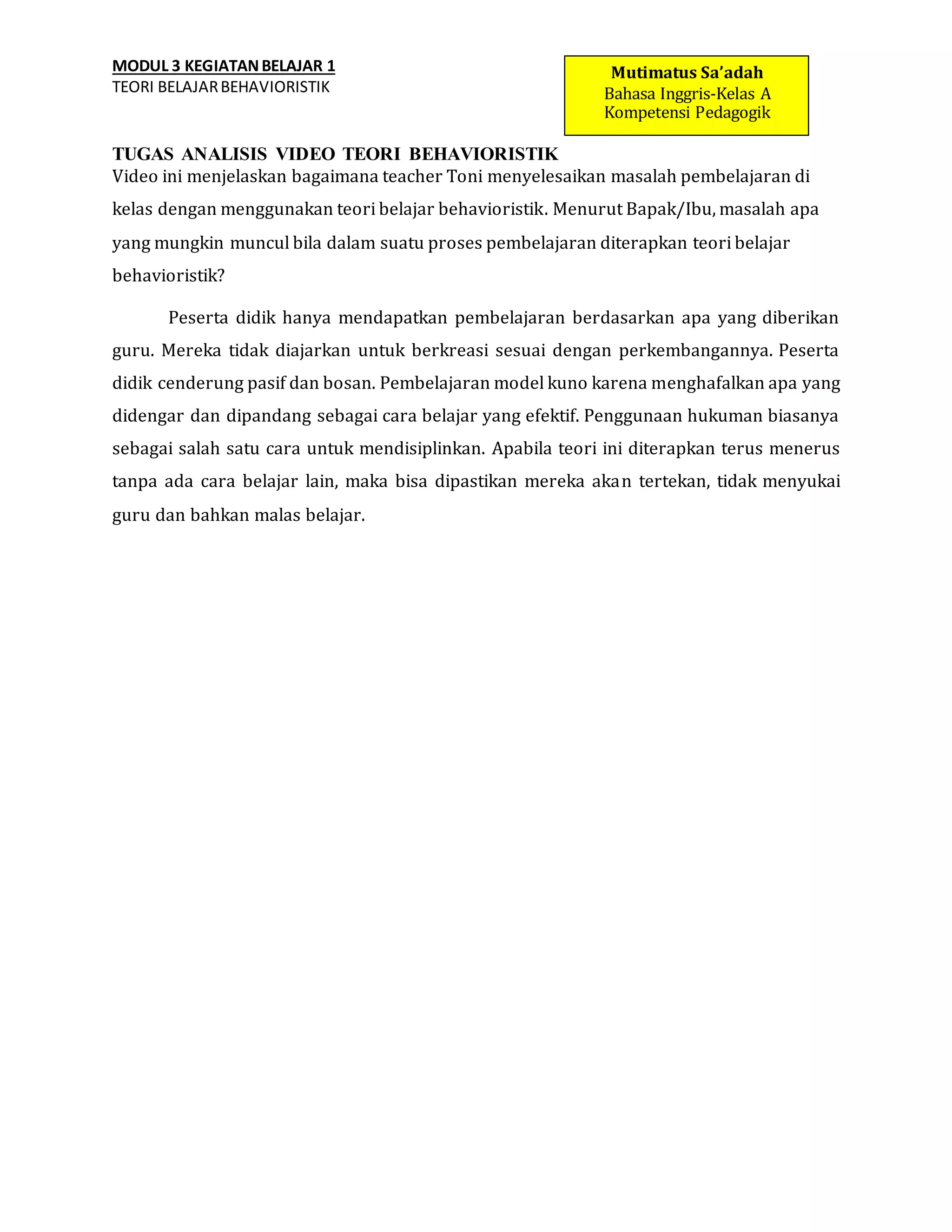 M3 kb 1 mutimatus sa'adah 1.1 behaviouristik | PDF