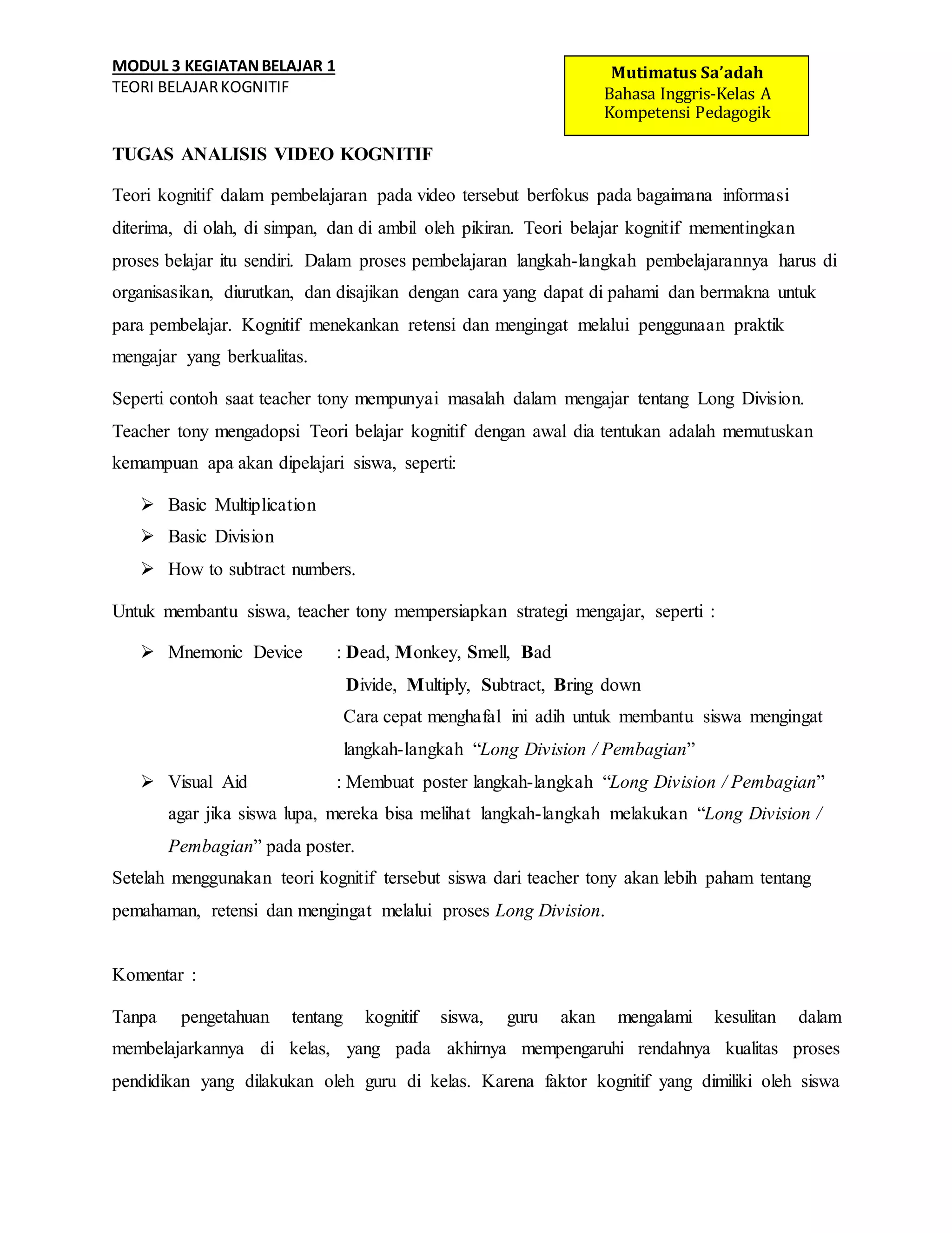 M3 kb 1 mutimatus sa'adah 1.1 analisis video kognitif | DOCX