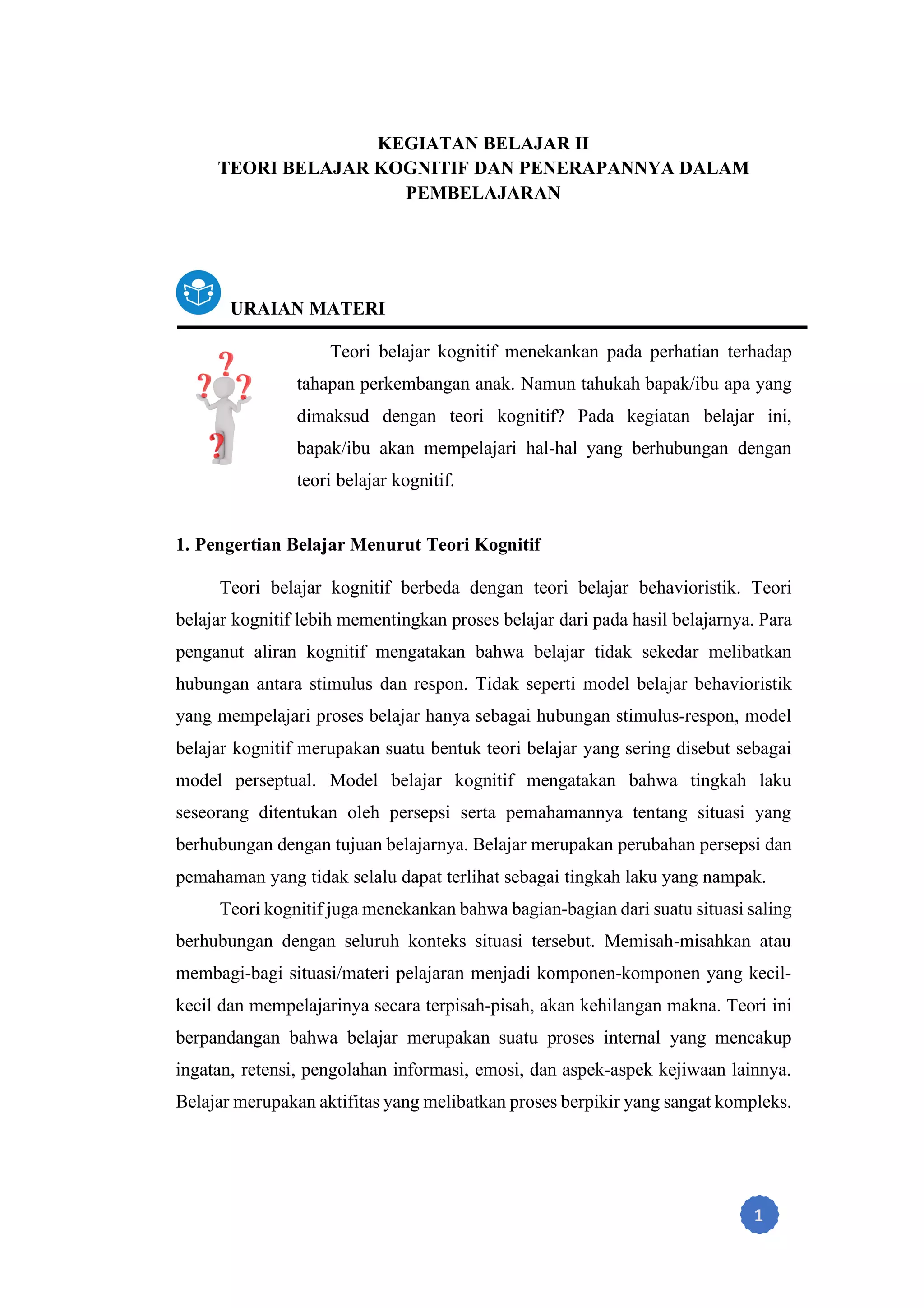 Teori Belajar Kognitif dan Penerapannya dalam Pembelajaran | PDF