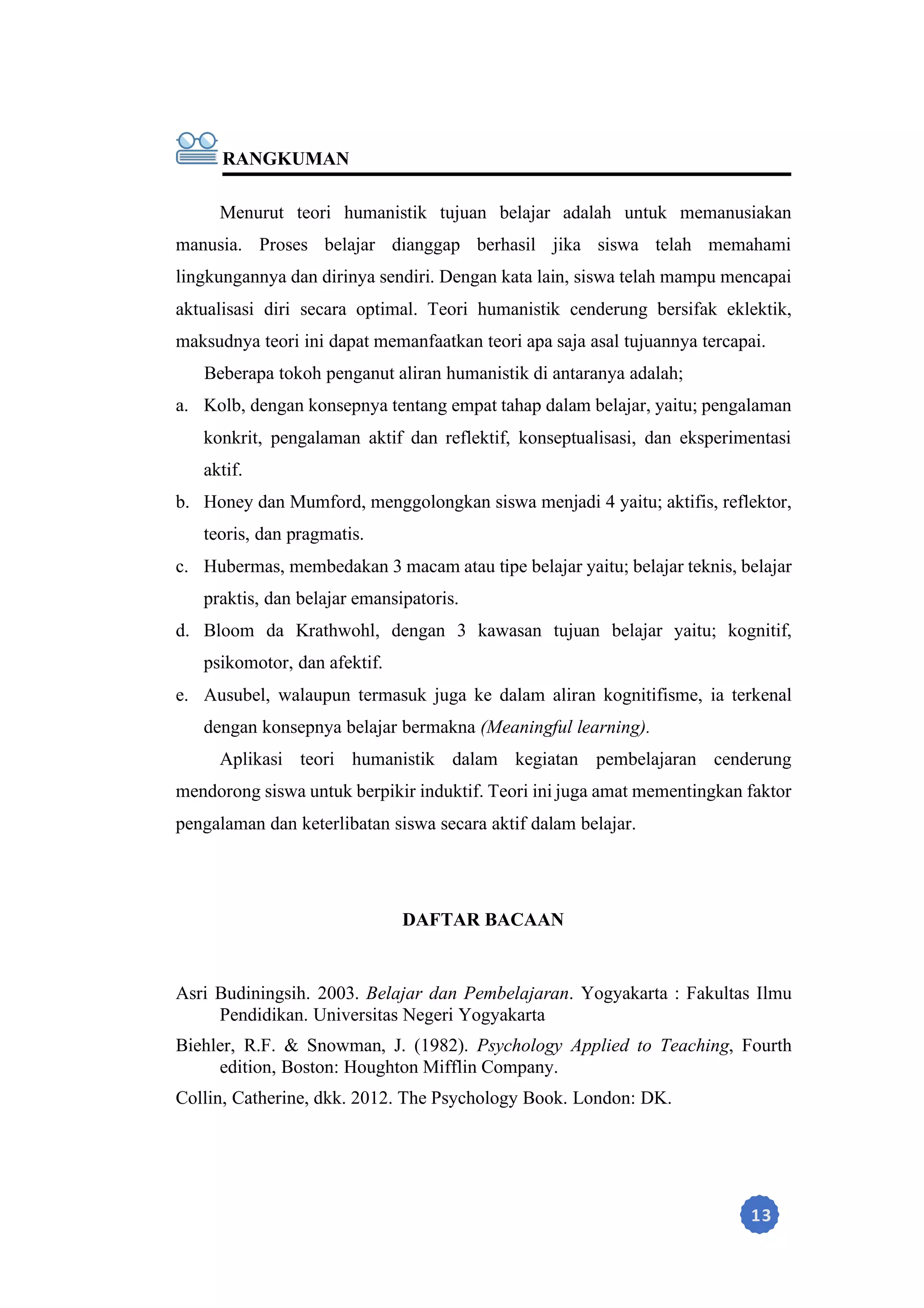 Teori Belajar Humanistik dan Penerapannya dalam Pembelajaran | PDF