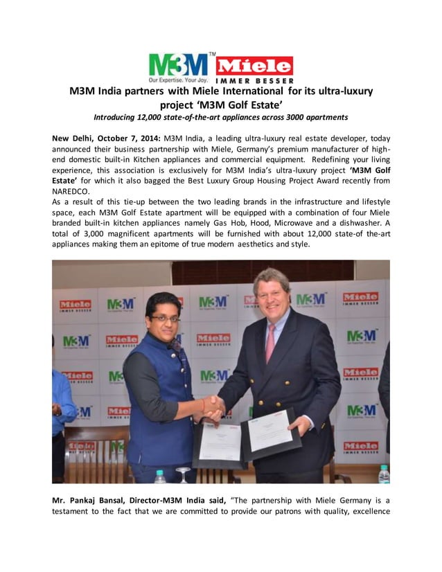M3M India partners with Miele International - For M3M Golf Estate | PDF | Free Download