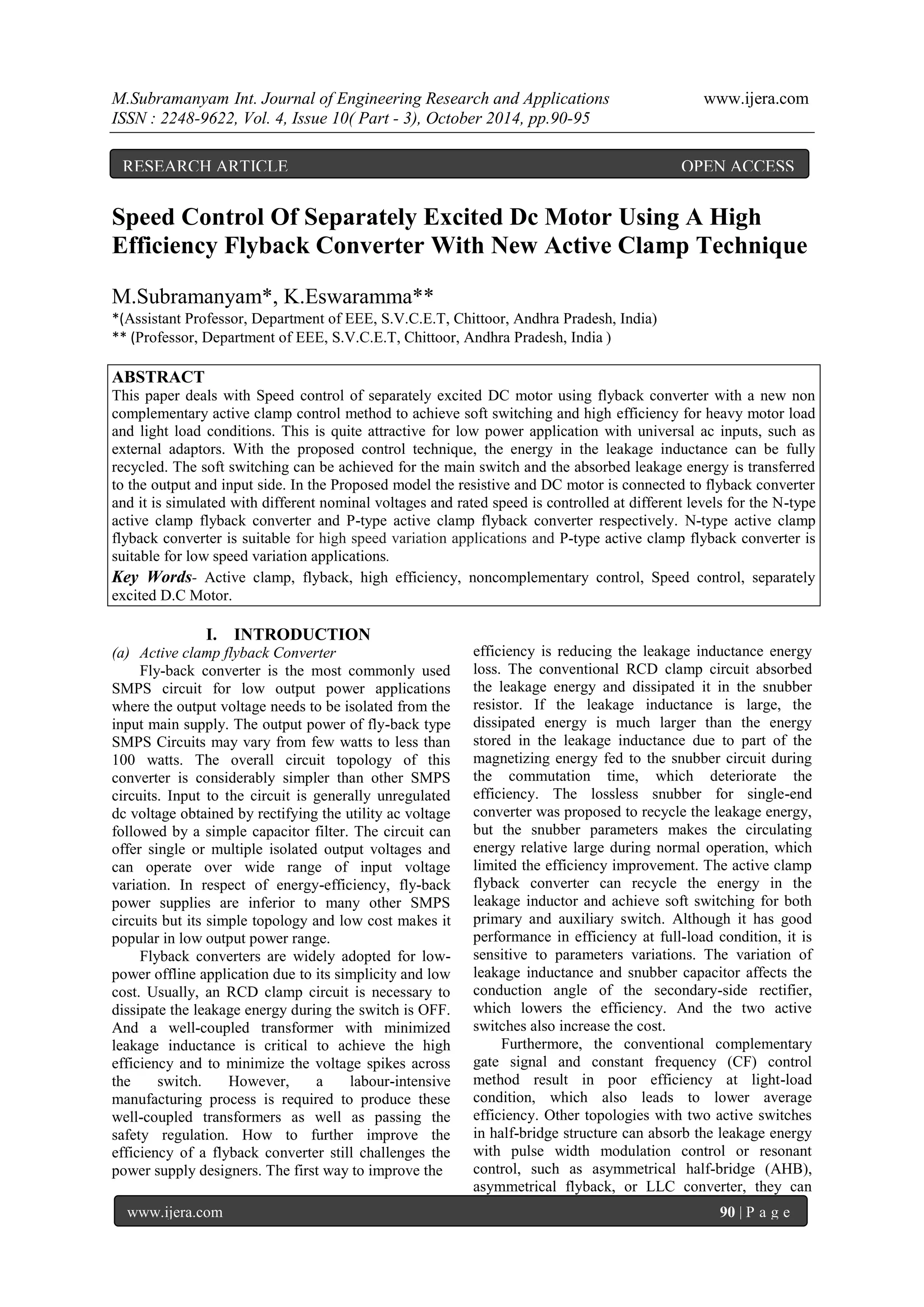 Speed Control Of Separately Excited Dc Motor Using A High Efficiency ...