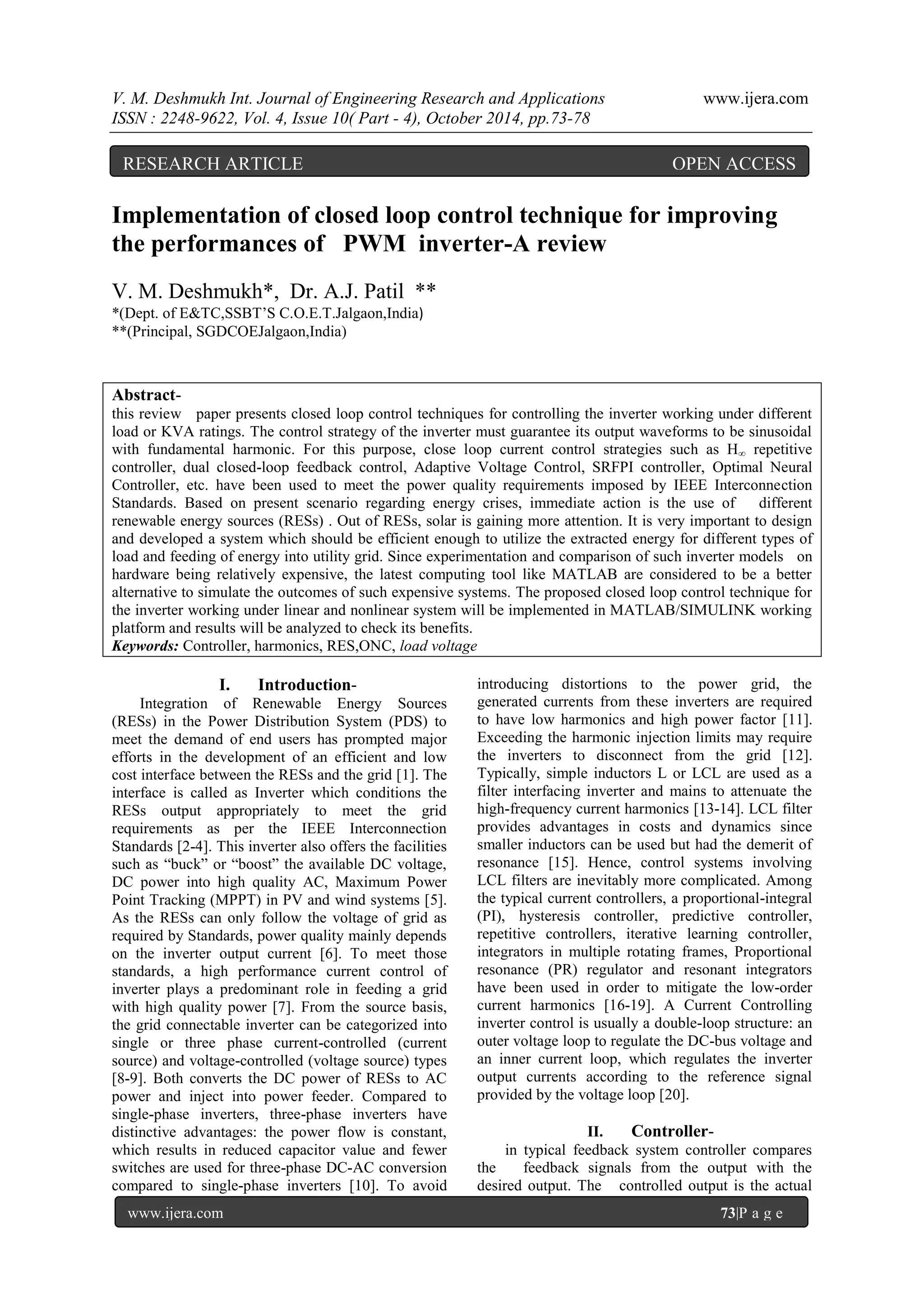 Implementation of closed loop control technique for improving the performances of PWM inverter-A ...