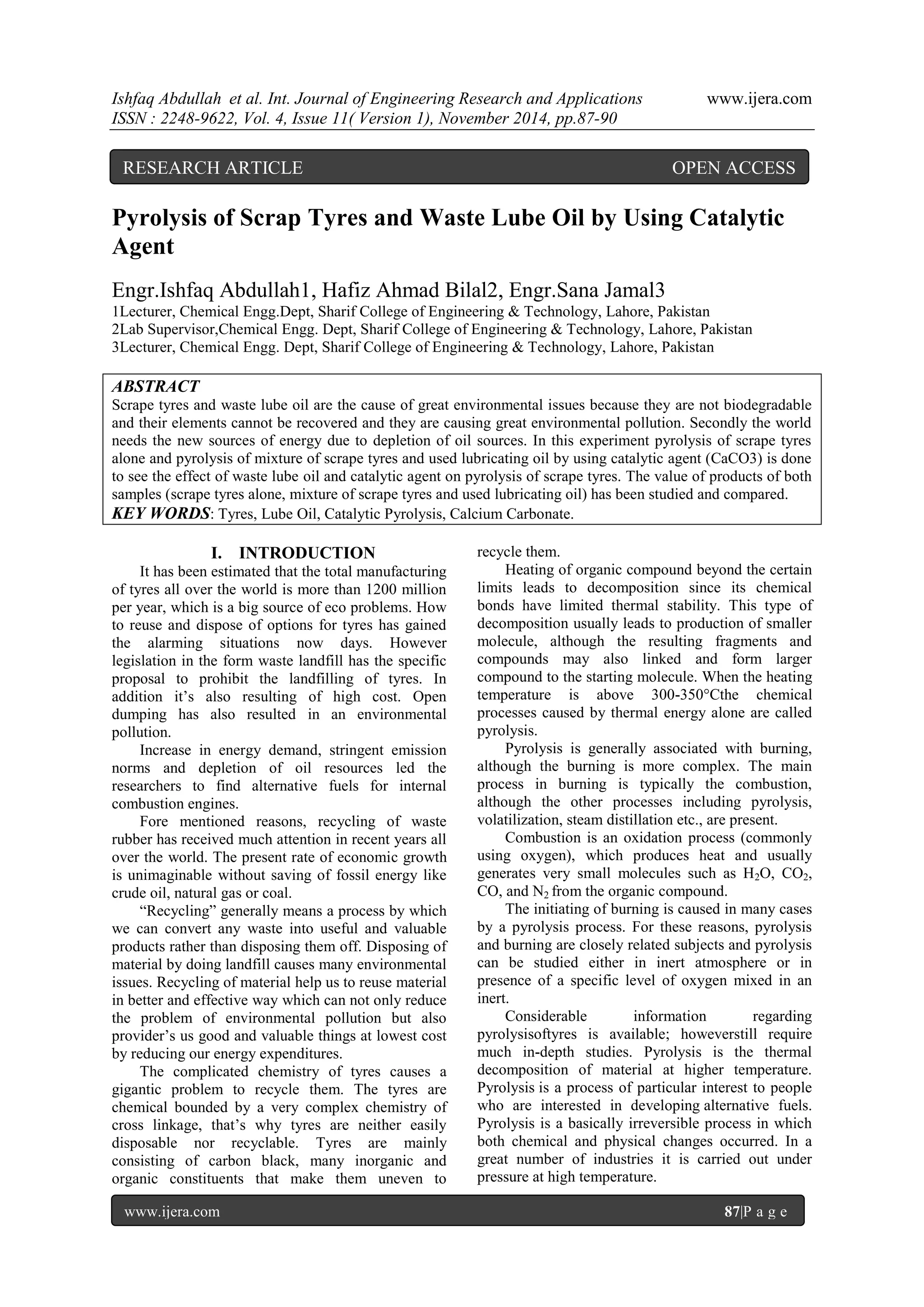 Pyrolysis of Scrap Tyres and Waste Lube Oil by Using Catalytic Agent | PDF