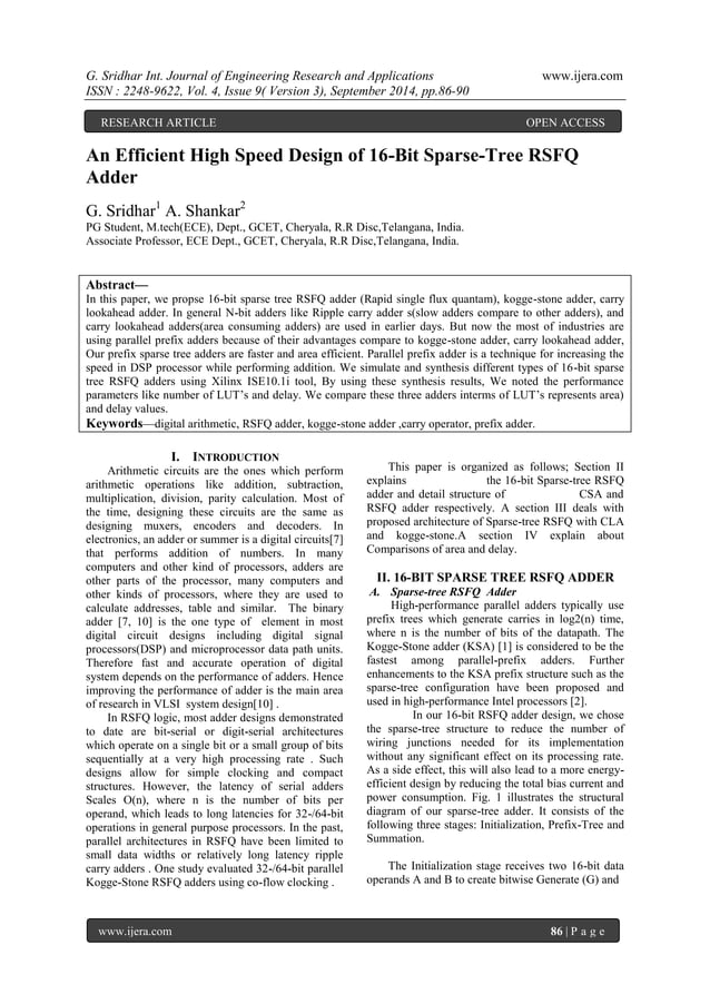 An Efficient High Speed Design of 16-Bit Sparse-Tree RSFQ Adder | PDF