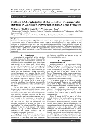 Synthesis & Characterization of Fluorescent Silver Nanoparticles stabilized by Tinospora ...