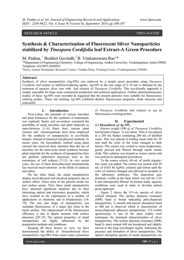 Synthesis & Characterization of Fluorescent Silver Nanoparticles stabilized by Tinospora ...