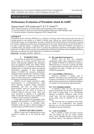Performance Evaluation of Wormhole Attack In AODV | PDF