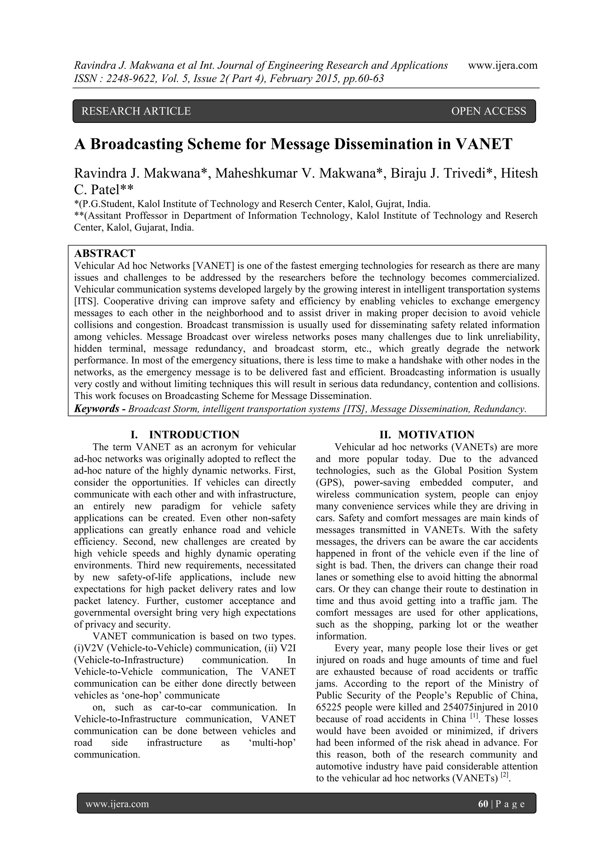 A Broadcasting Scheme for Message Dissemination in VANET | PDF | Computer Networking | Computing