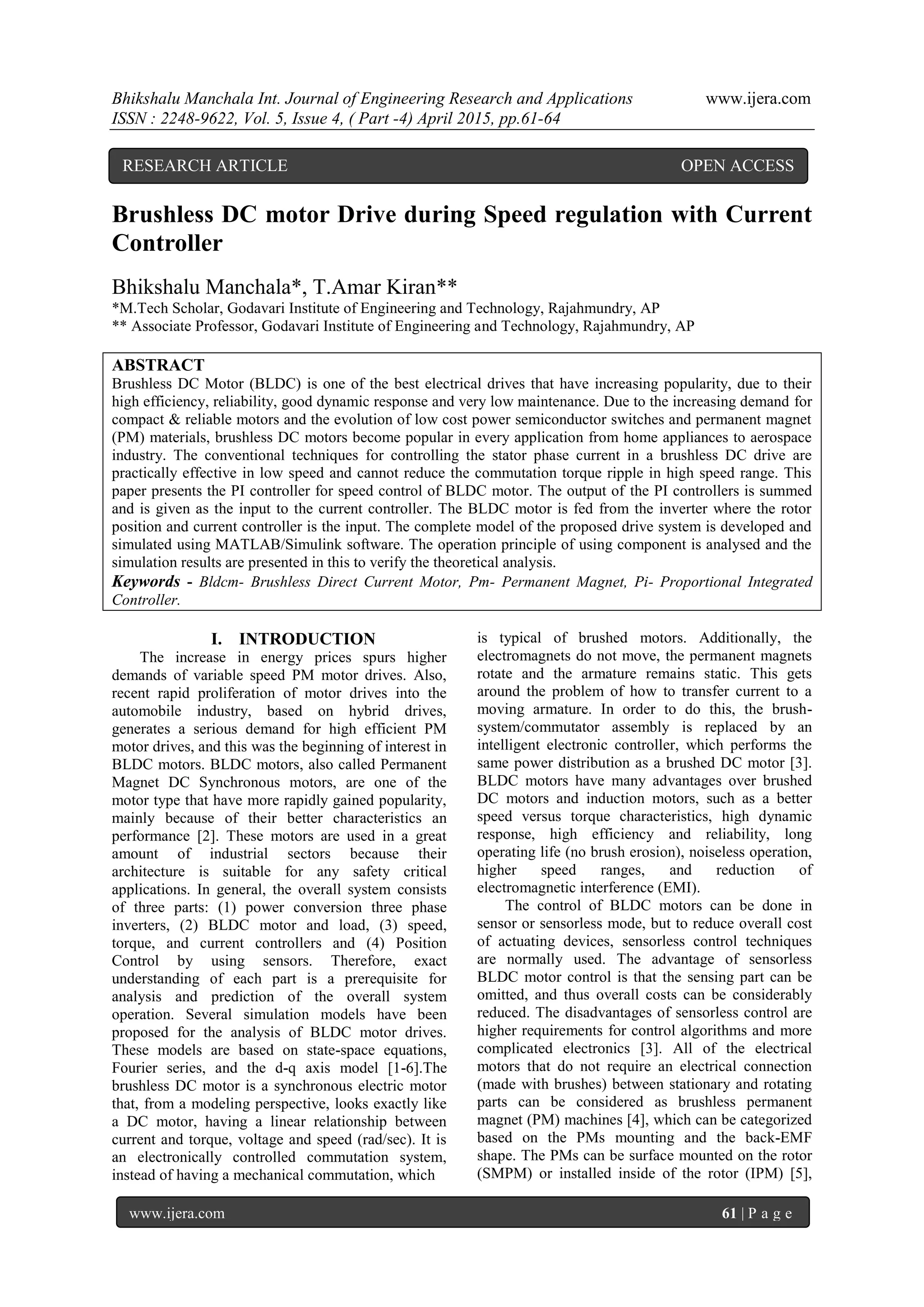 Brushless DC motor Drive during Speed regulation with Current Controller | PDF