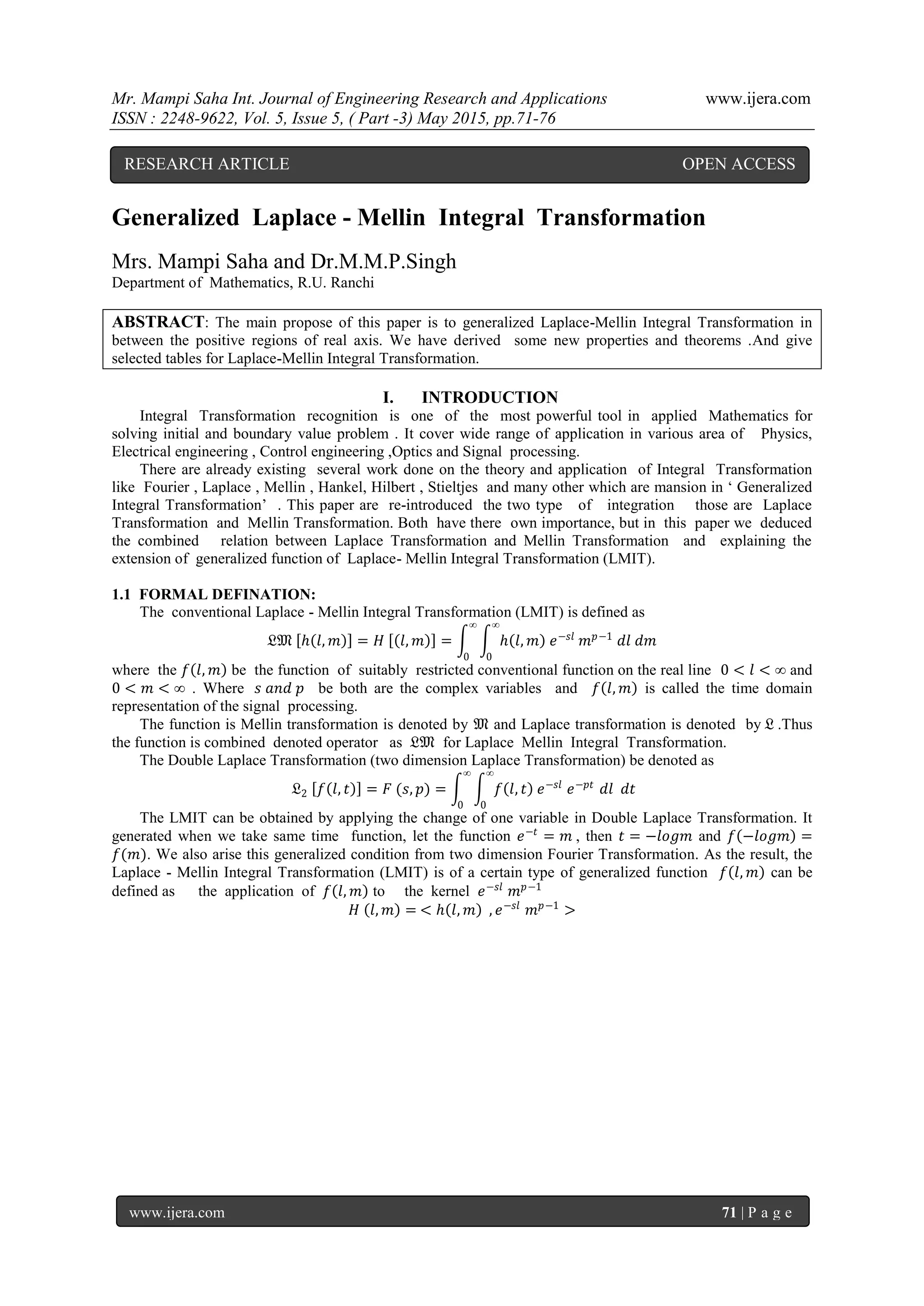 Generalized Laplace - Mellin Integral Transformation | PDF