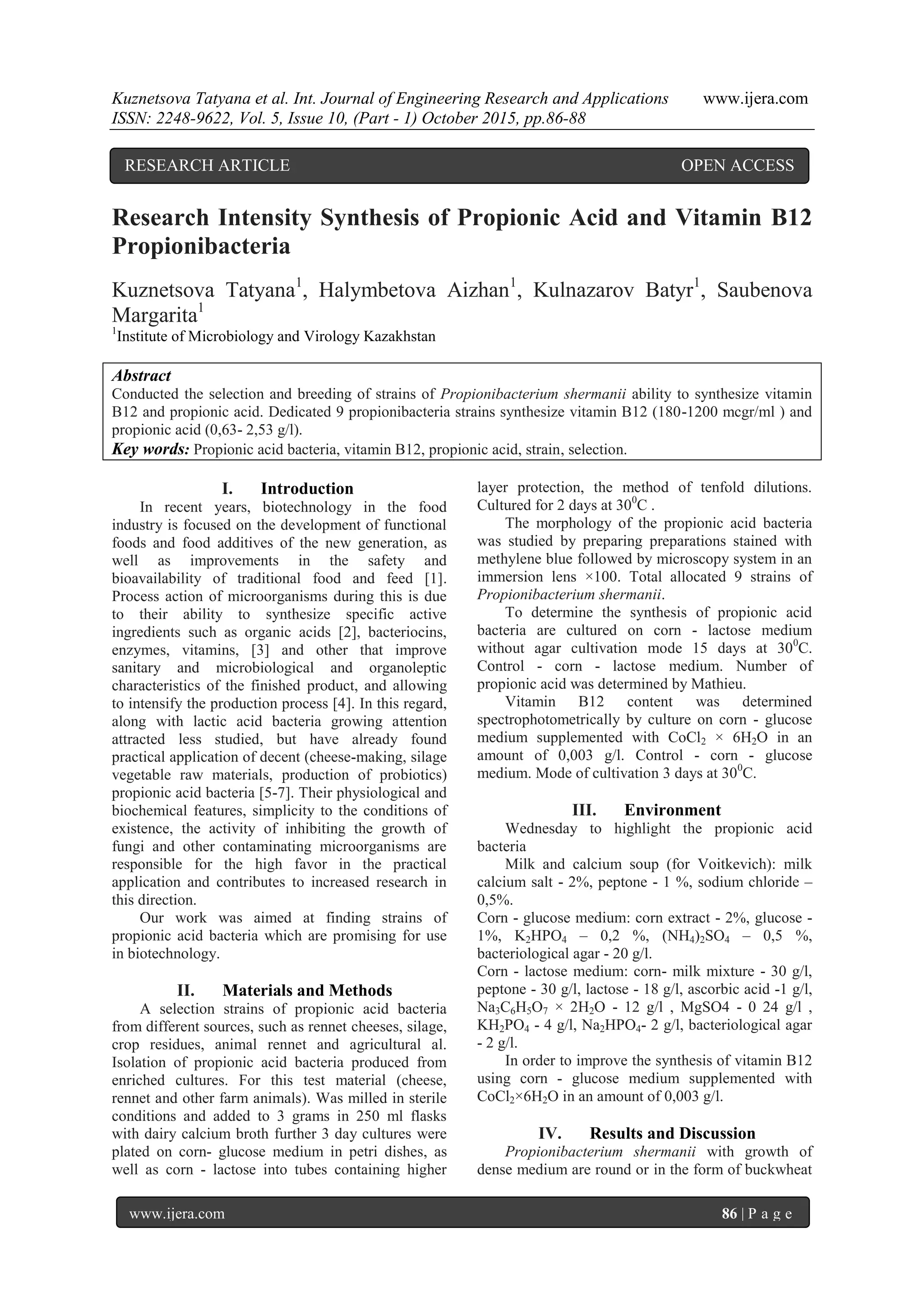 Research Intensity Synthesis of Propionic Acid and Vitamin B12 Propionibacteria | PDF