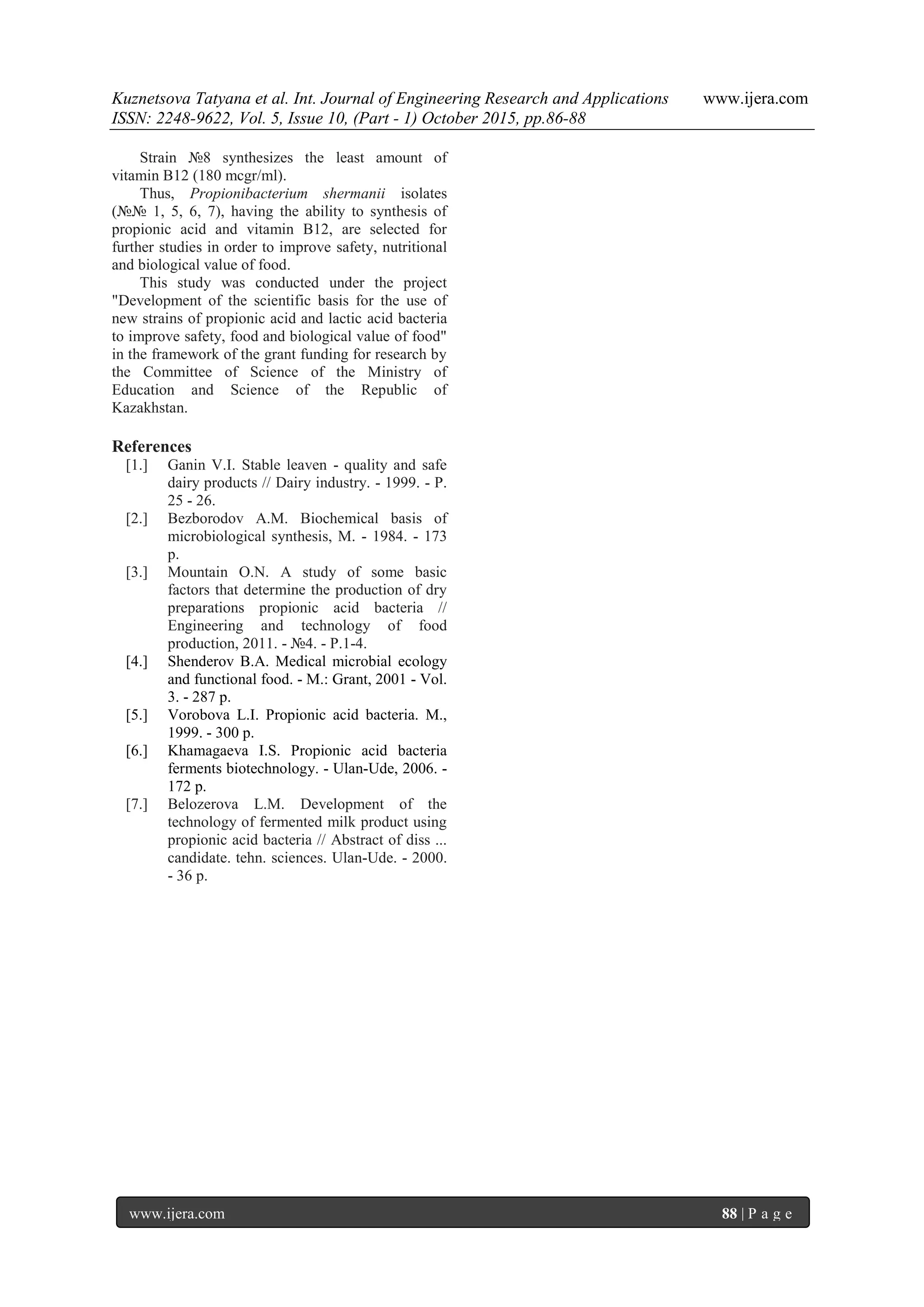 Research Intensity Synthesis of Propionic Acid and Vitamin B12 ...