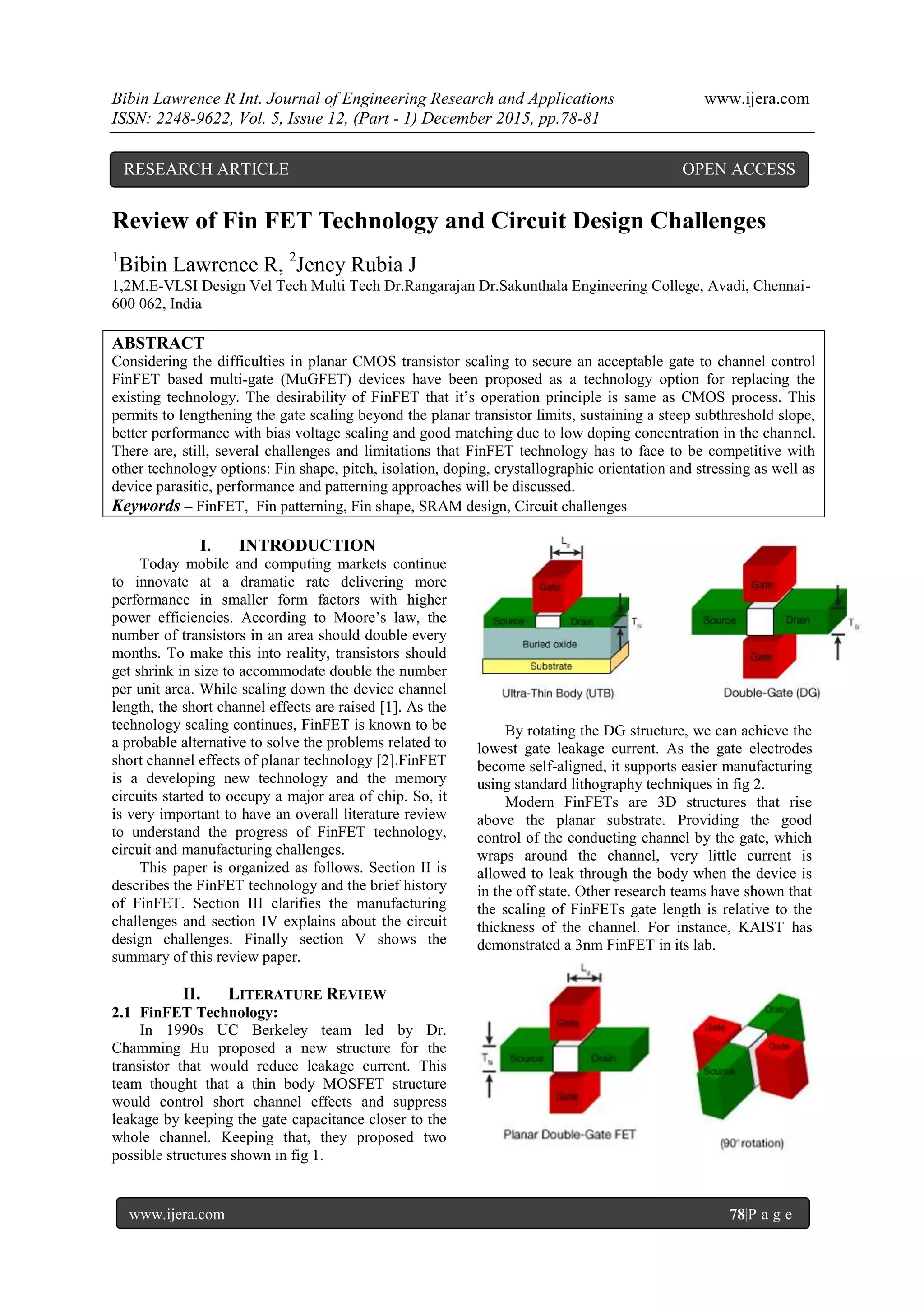 Review of Fin FET Technology and Circuit Design Challenges | PDF