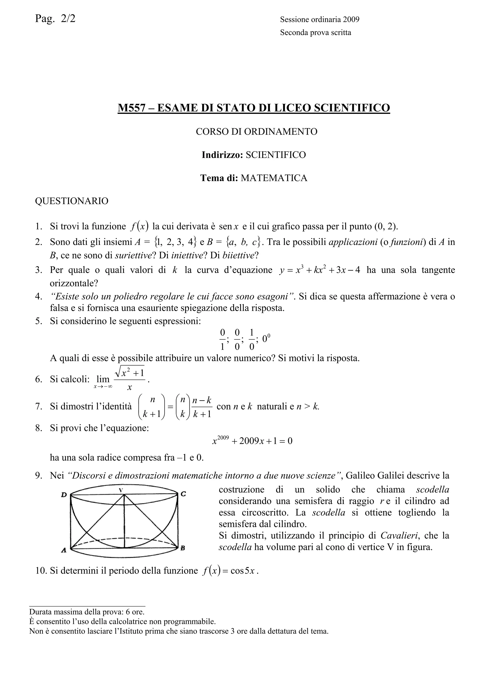 Tracce Seconda Prova Matematica Maturità Scientifica 2009 | PDF