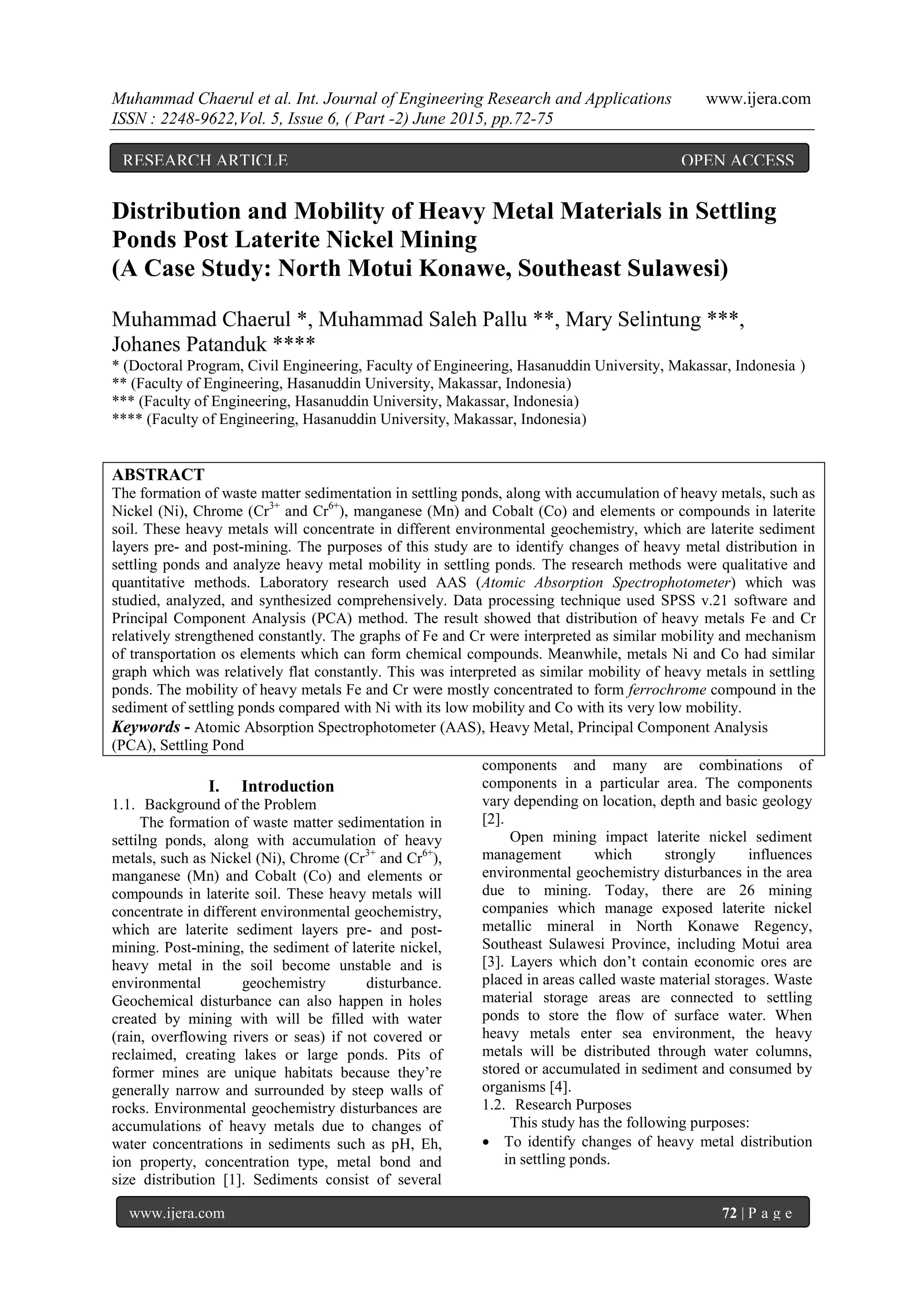 Distribution and Mobility of Heavy Metal Materials in Settling Ponds ...