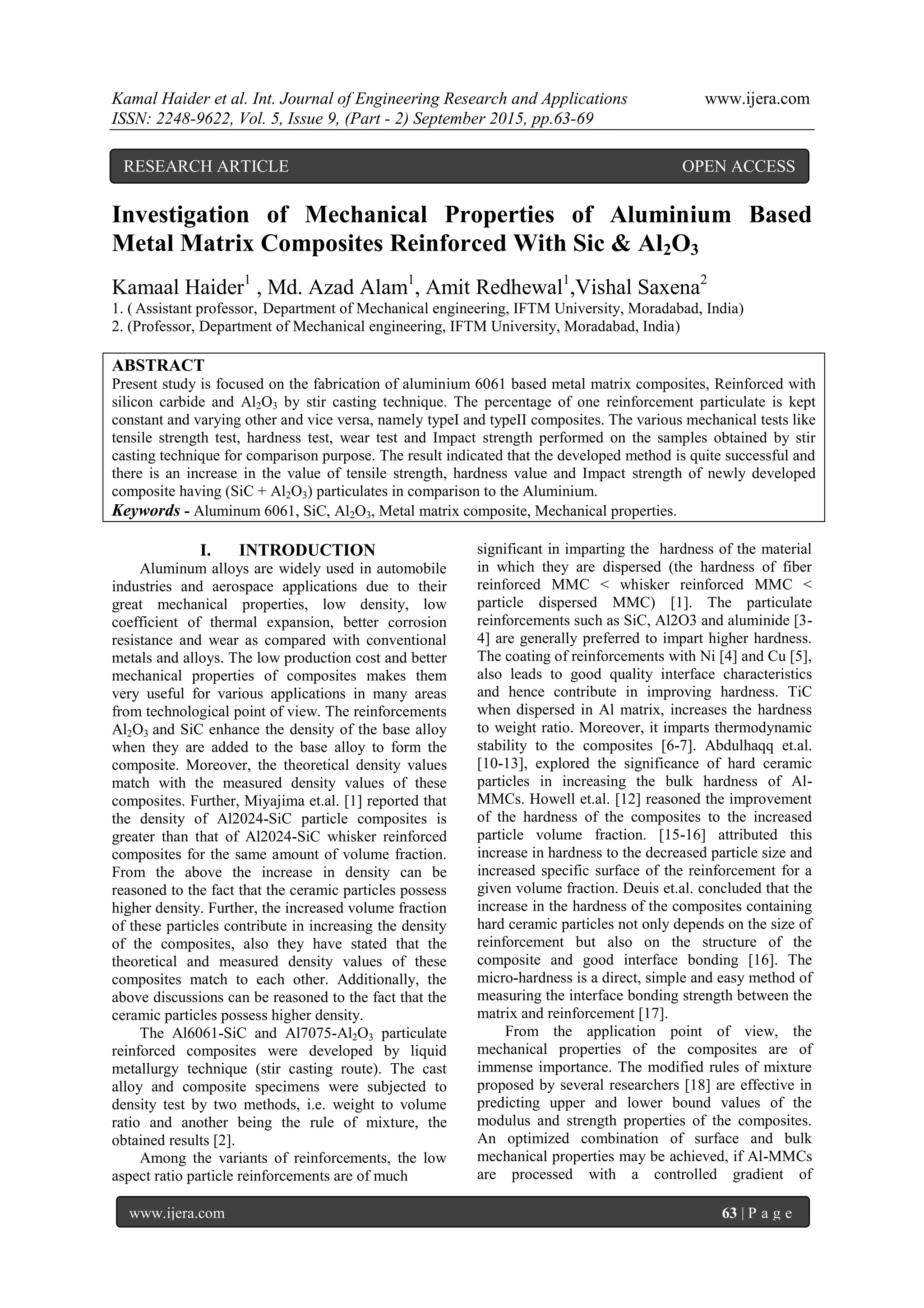 Investigation of Mechanical Properties of Aluminium Based Metal Matrix ...