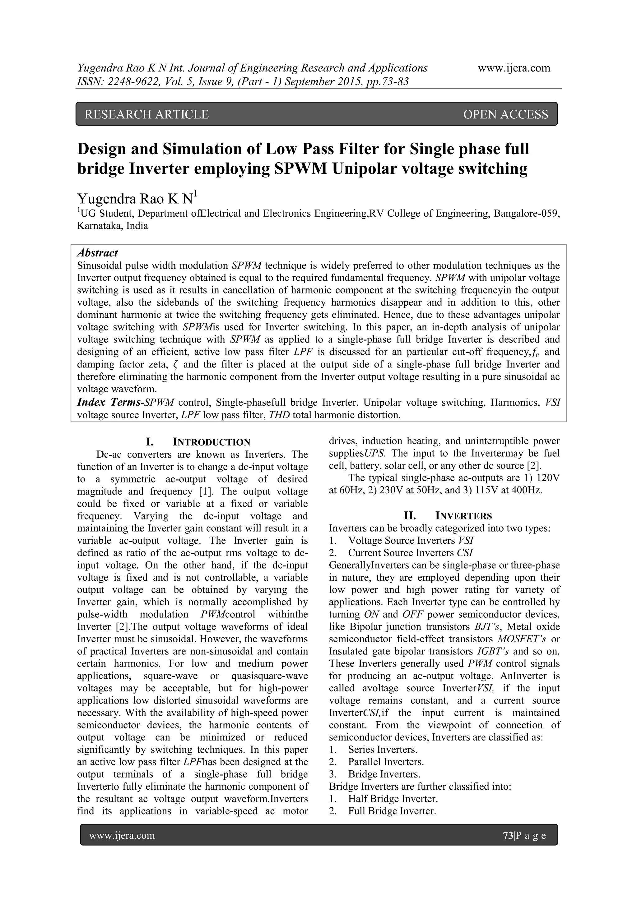 Design and Simulation of Low Pass Filter for Single phase full bridge Inverter employing SPWM ...