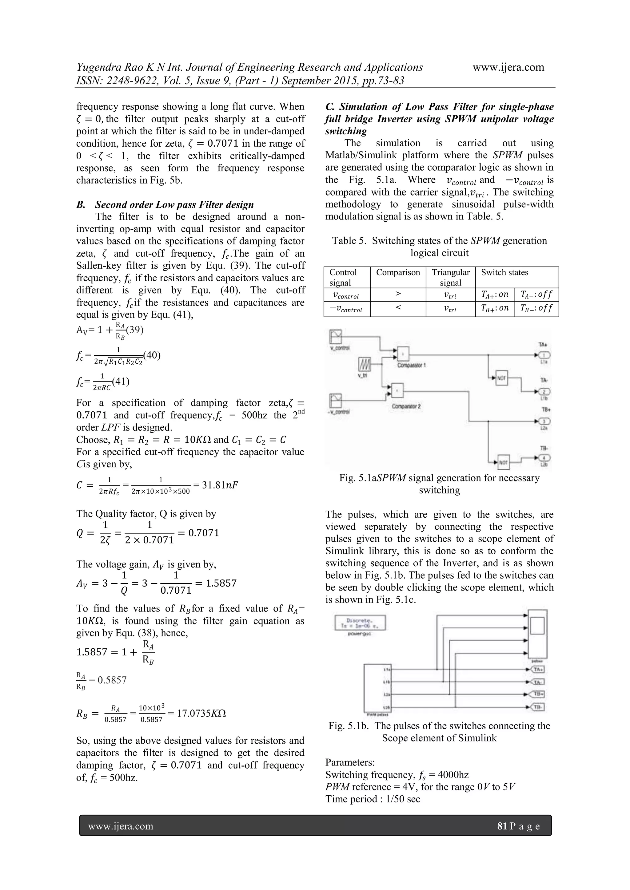 Design and Simulation of Low Pass Filter for Single phase full bridge Inverter employing SPWM ...