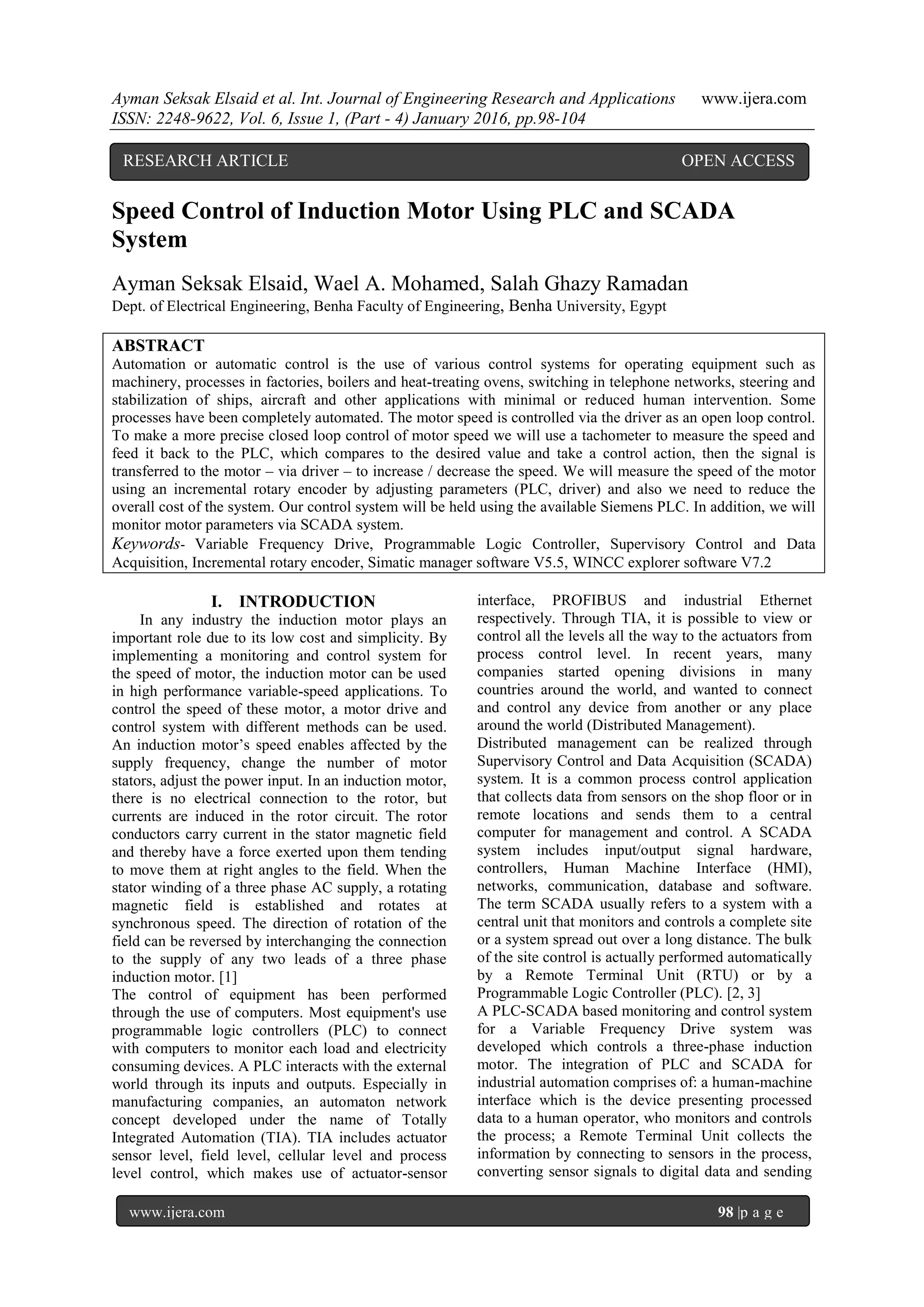 Speed Control Of Induction Motor Using Plc And Scada System Pdf