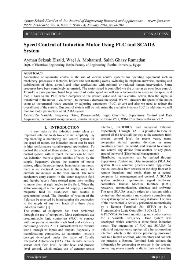 Speed Control of Induction Motor Using PLC and SCADA System | PDF