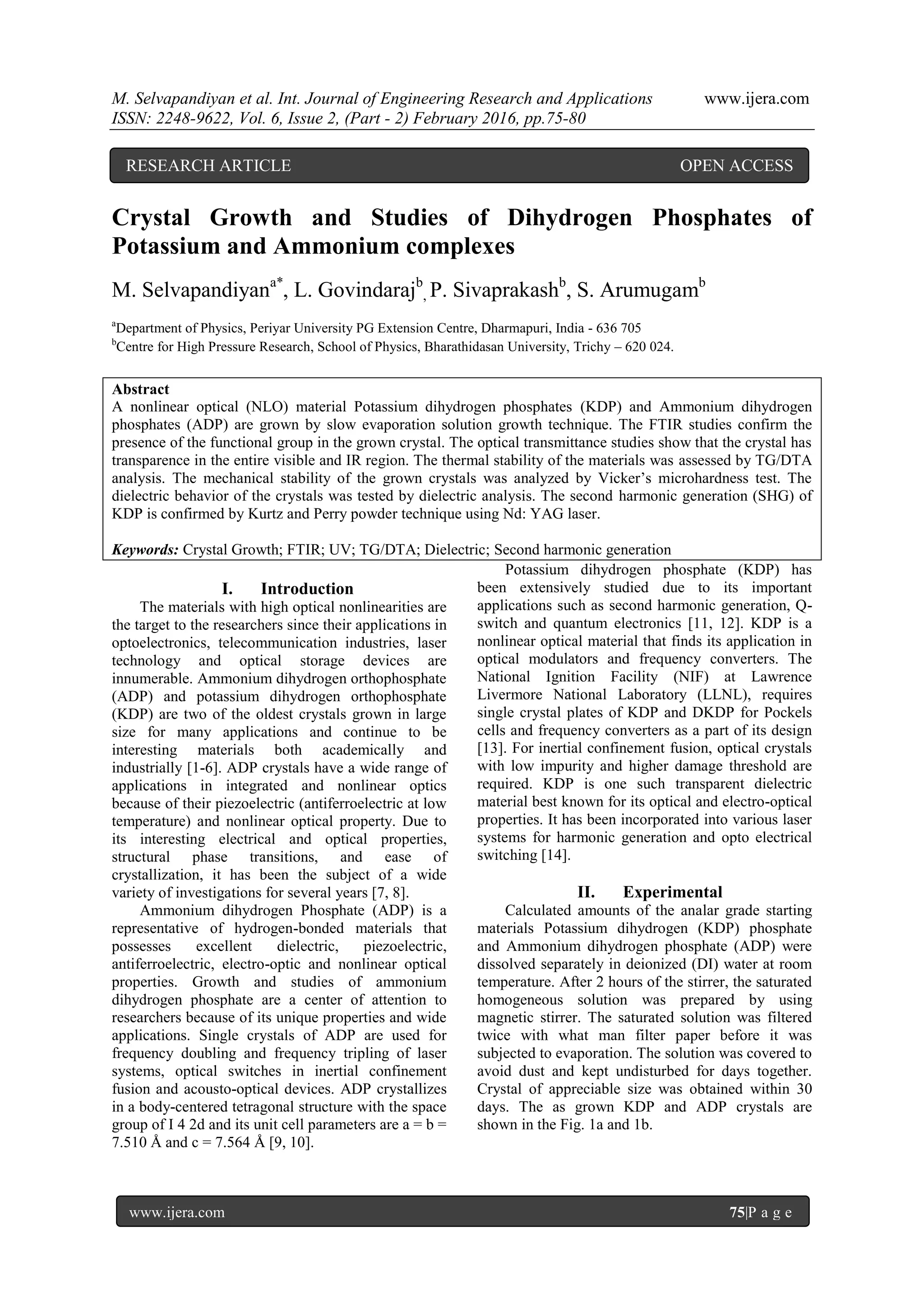 Crystal Growth and Studies of Dihydrogen Phosphates of Potassium and ...