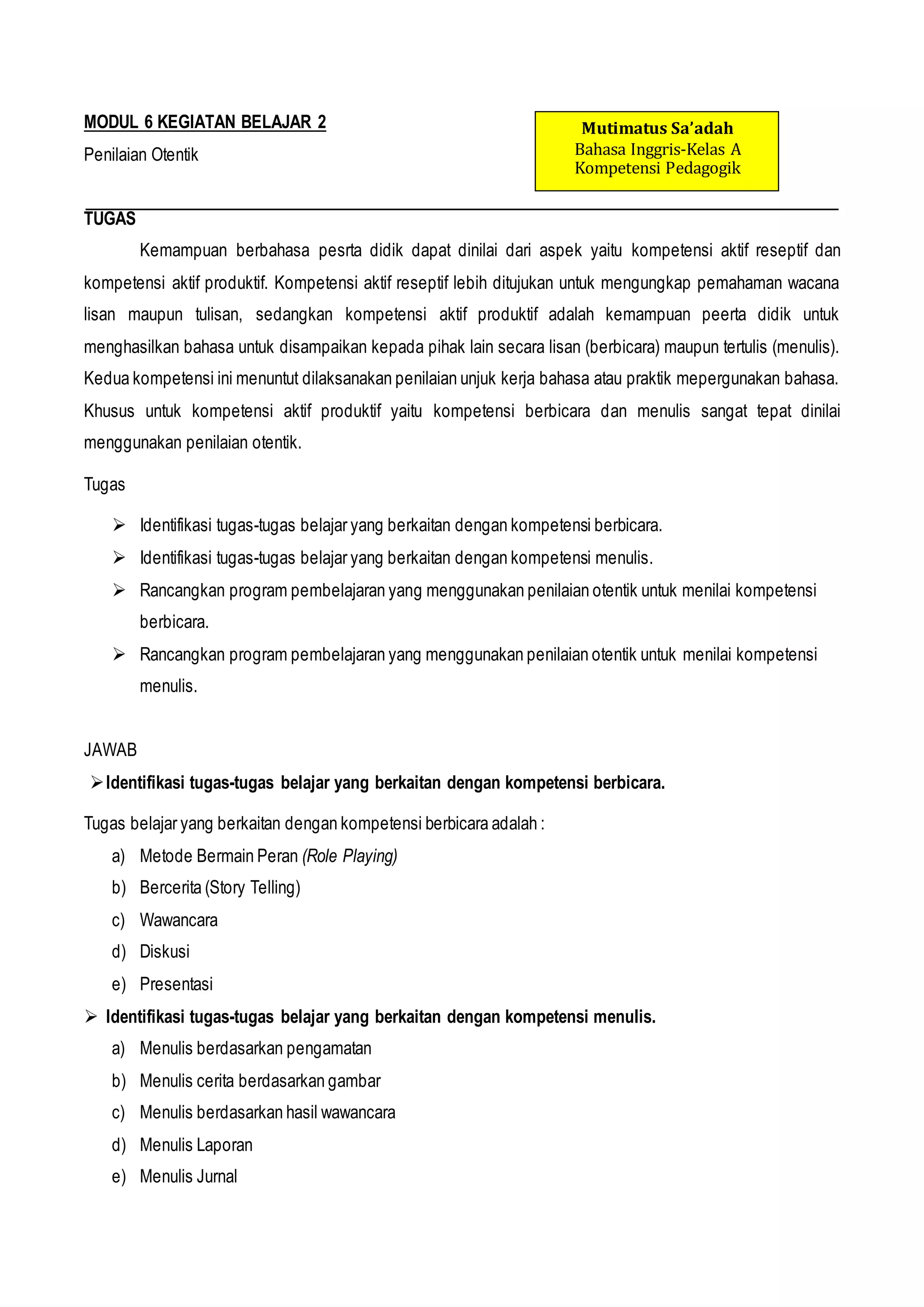 M6 kb 2 mutimatus sa'adah penilaian otentik (authentic assessment) | PDF
