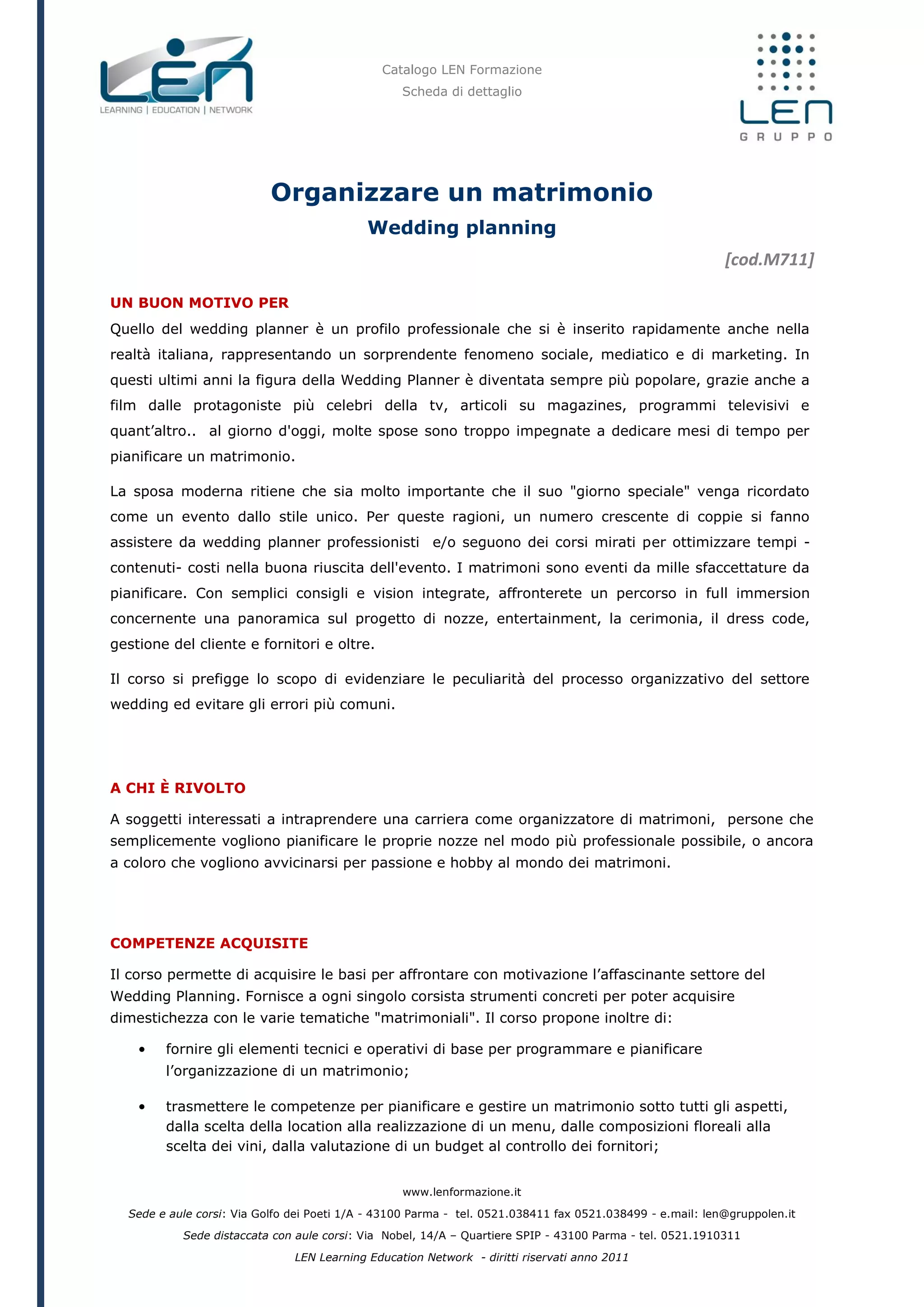 Organizzare un matrimonio: wedding planning - Scheda corso LEN | PDF