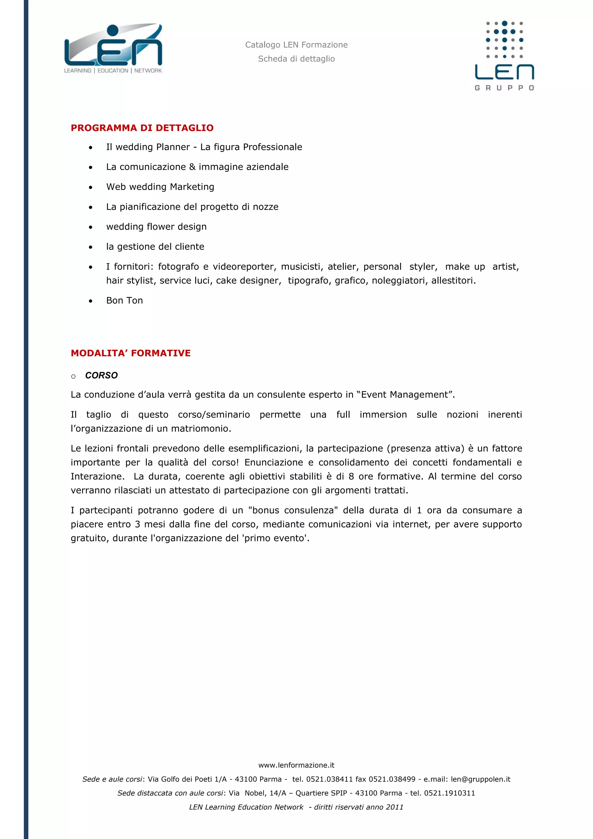 Organizzare un matrimonio: wedding planning - Scheda corso LEN | PDF