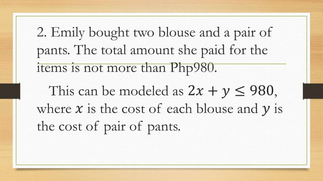 Solving problems involving linear inequalities in two variables | PPTX | Food & Drink