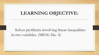 Solving problems involving linear inequalities in two variables | PPTX