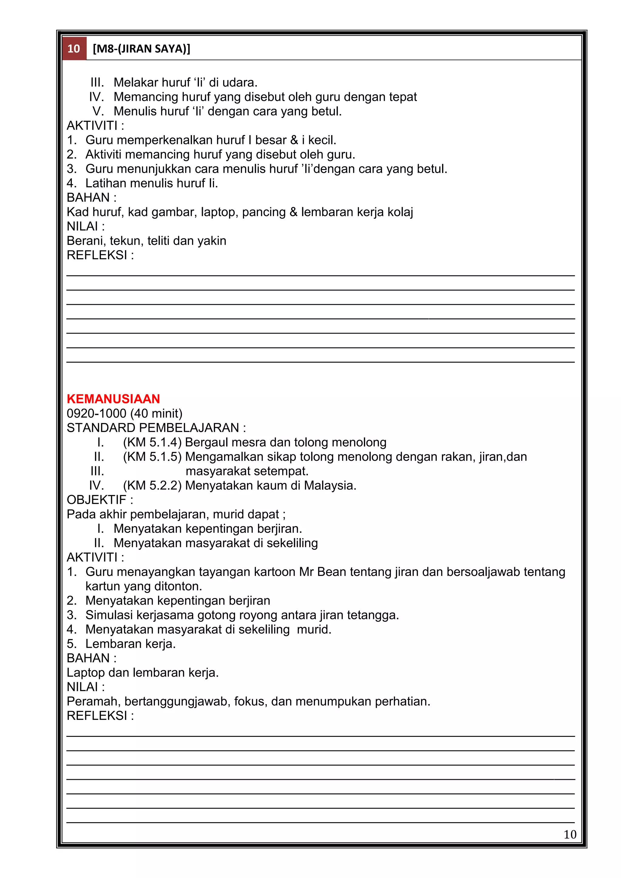 RPH PRASEKOLAH TEMA JIRAN SAYA | DOCX