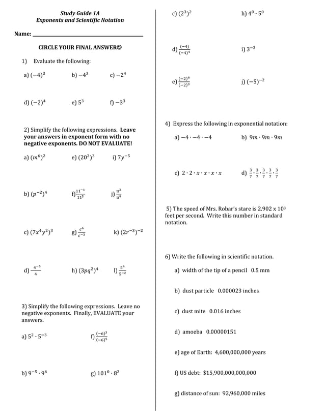M8 study guide 1 a exponents & scientific notation | PDF