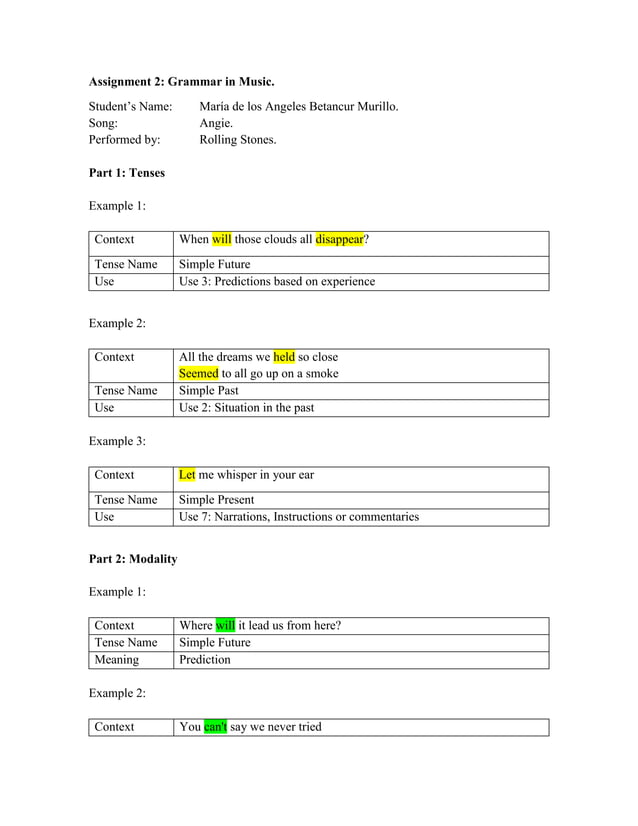 Assignment 2 Grammar in songs | PDF