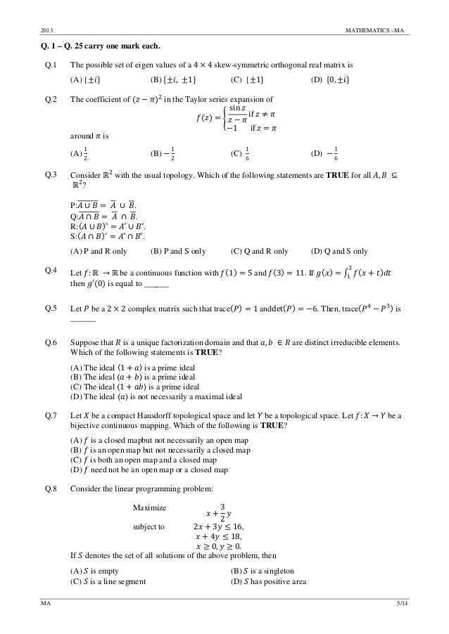 GATE Math 2013 Question Paper | Sourav Sir's Classes | PDF