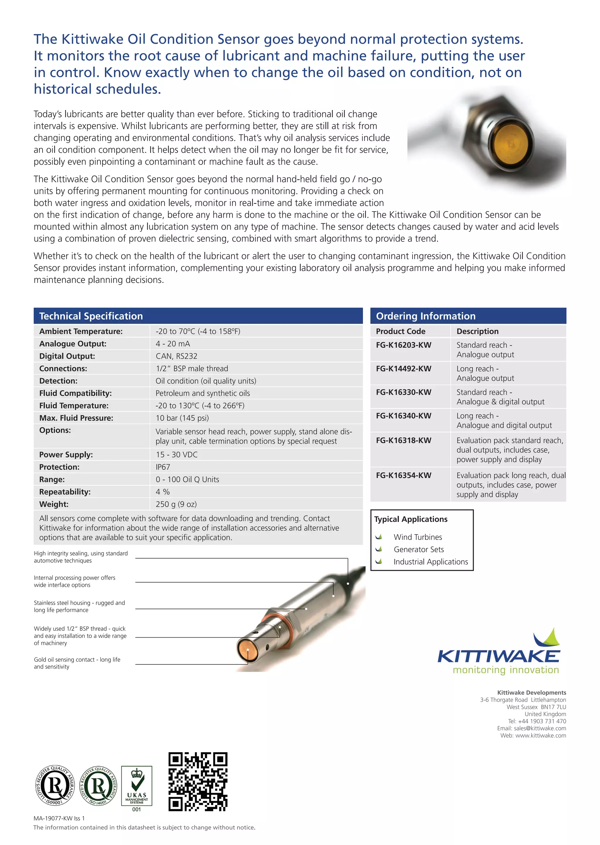 Parker Kittiwake Oil Condition Sensor Brochure | PDF