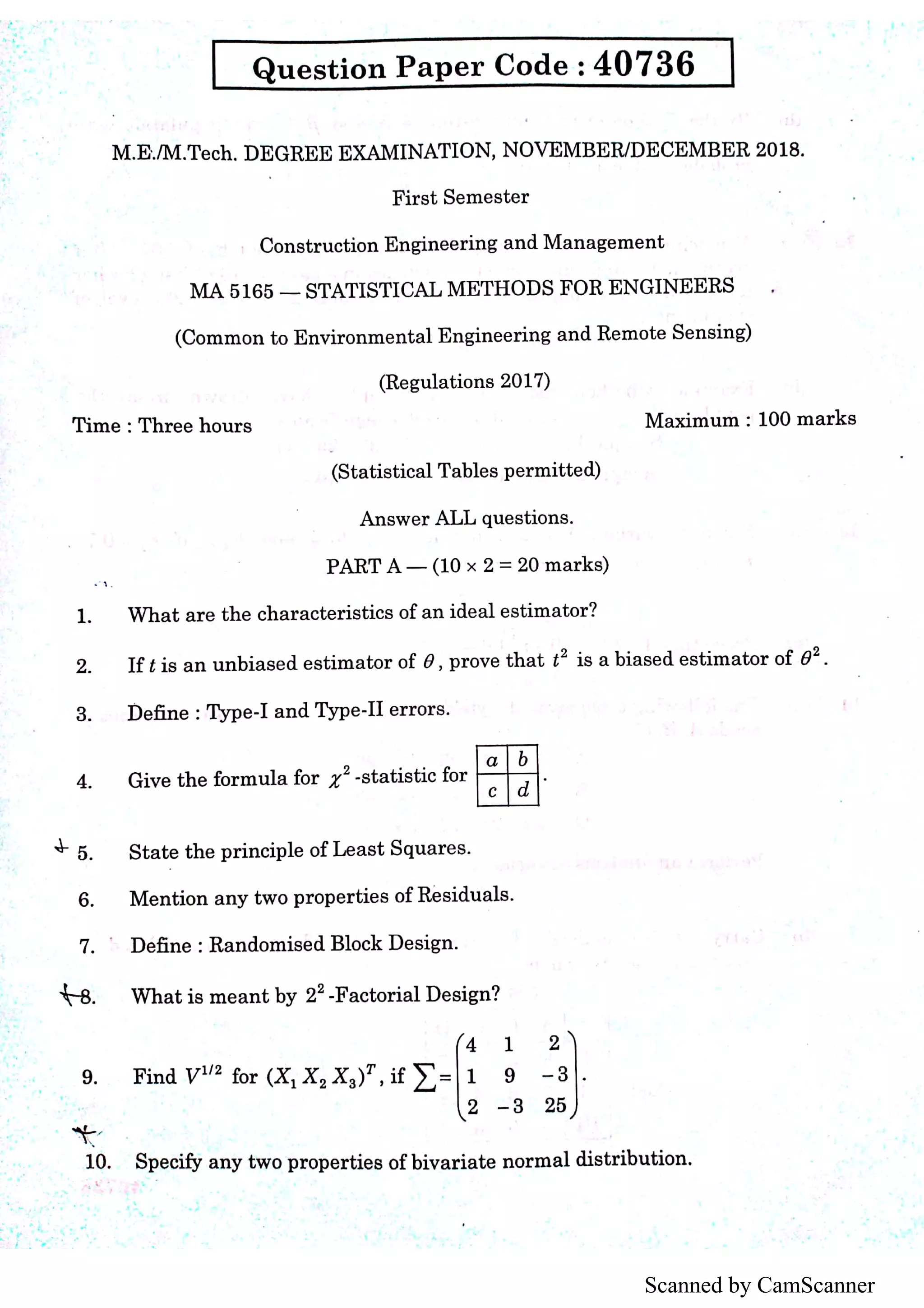 MA5165 STATISTICAL METHODS FOR ENGINEERS | PDF