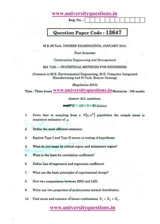 Ma5165 statistical methods for engineers-previous year question papers | PDF