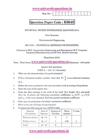 Ma5165 statistical methods for engineers-previous year question papers | PDF