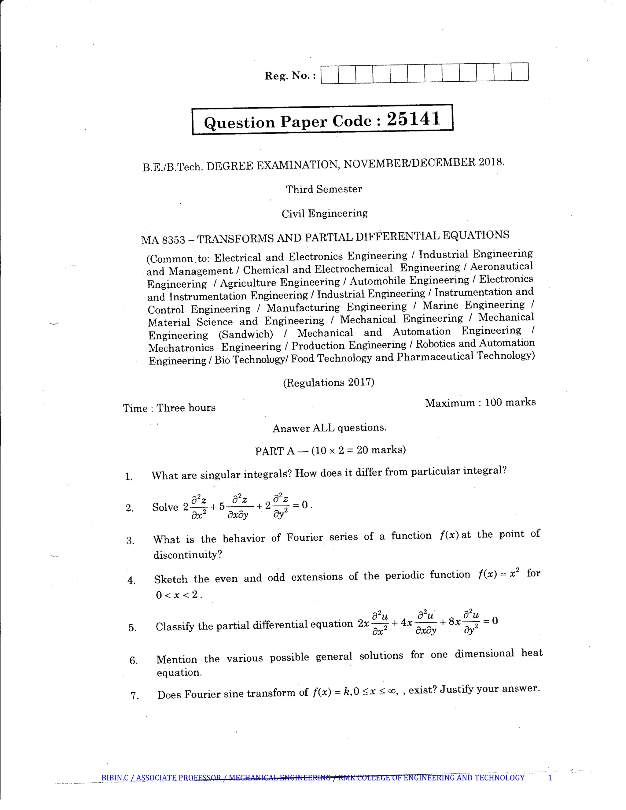 Ma8353 TRANSFORMS AND PARTIAL DIFFERENTIAL EQUATIONS | PDF
