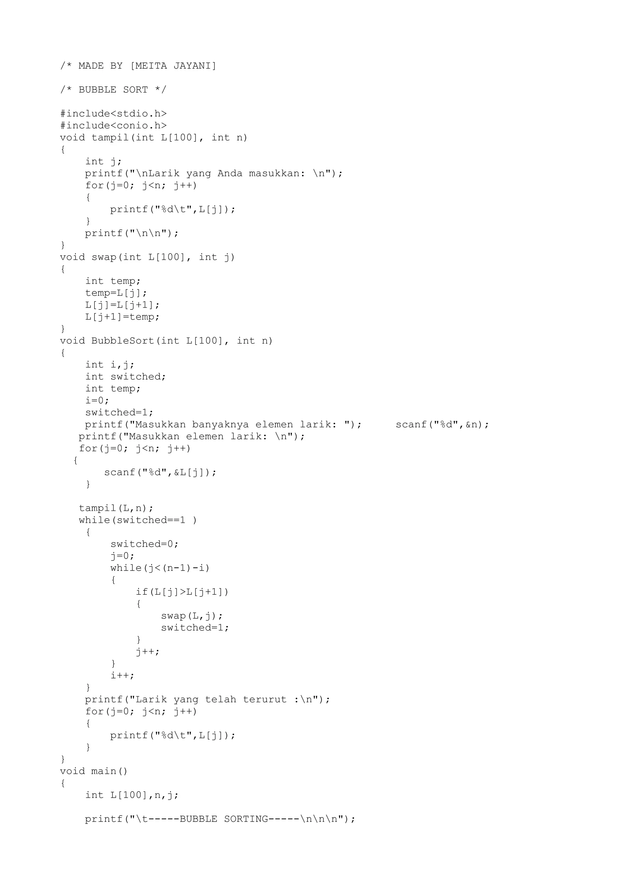 C Program : Sorting : Bubble, | PDF