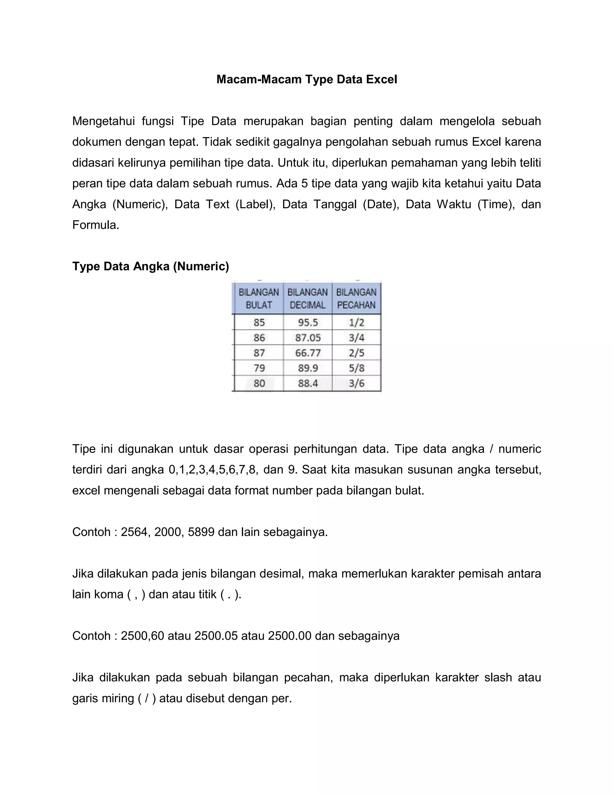 Macam macam type data di excel | PDF