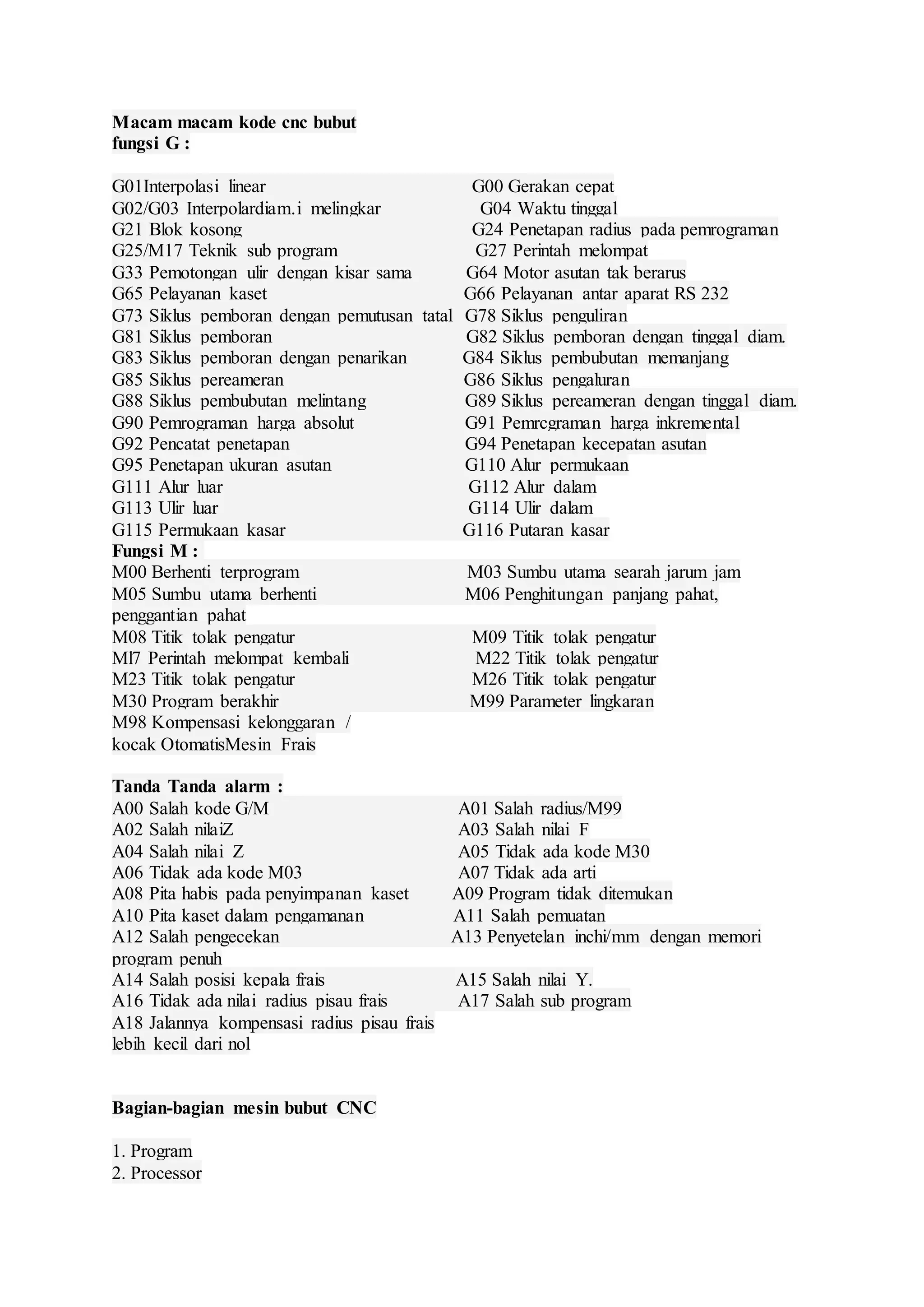 Macam macam kode cnc bubut | DOCX