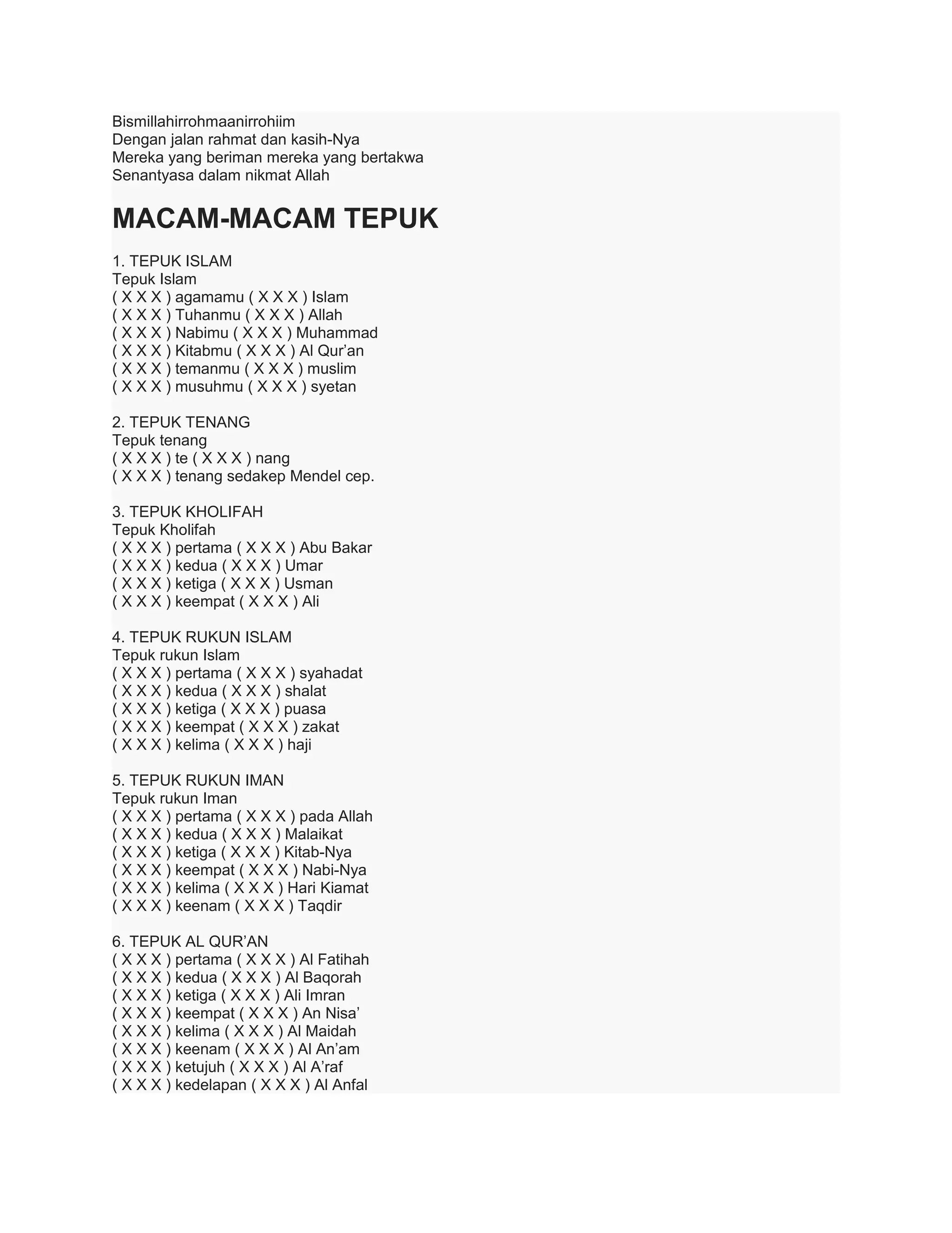 Macam tepuk dan lagu santri tpa | DOC