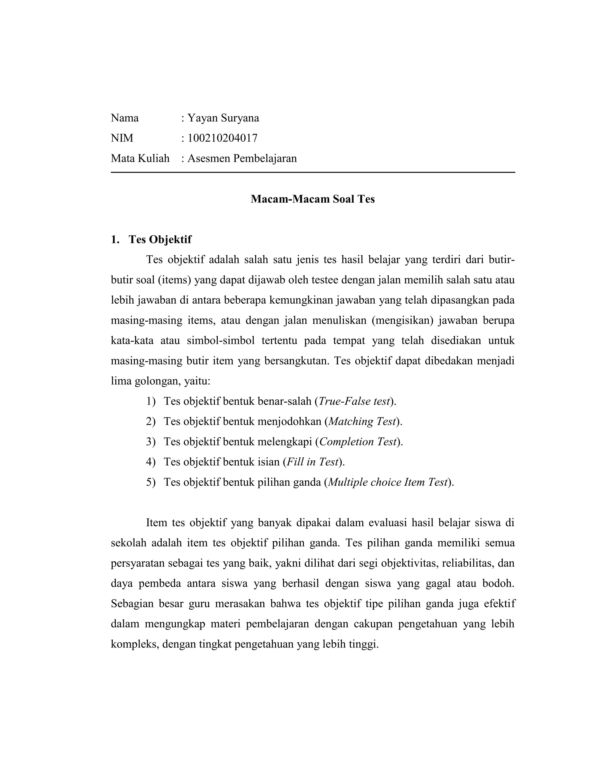 Macam-macam tes | DOCX