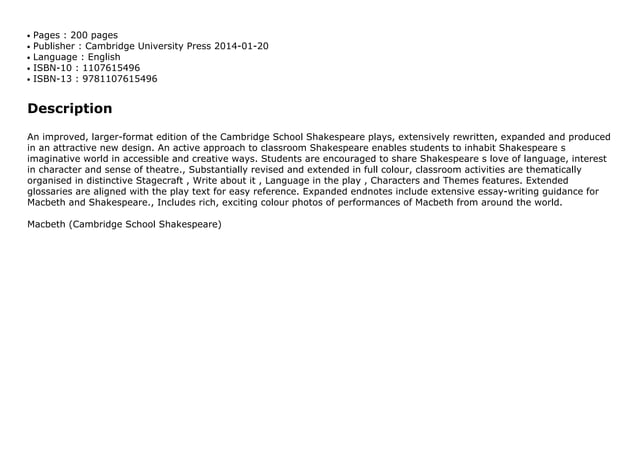 Macbeth (Cambridge School Shakespeare) | PDF