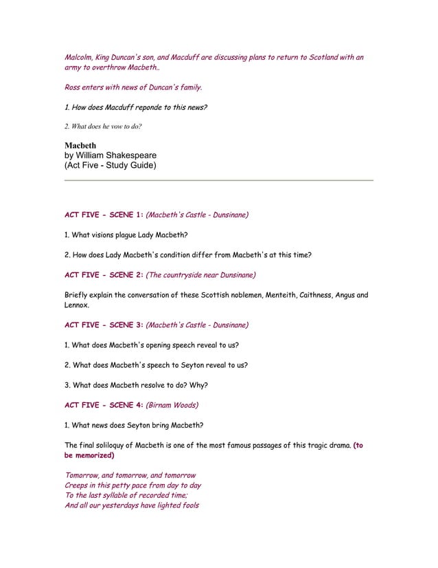 Macbeth Study Guide | DOC | Fantasy | Genres