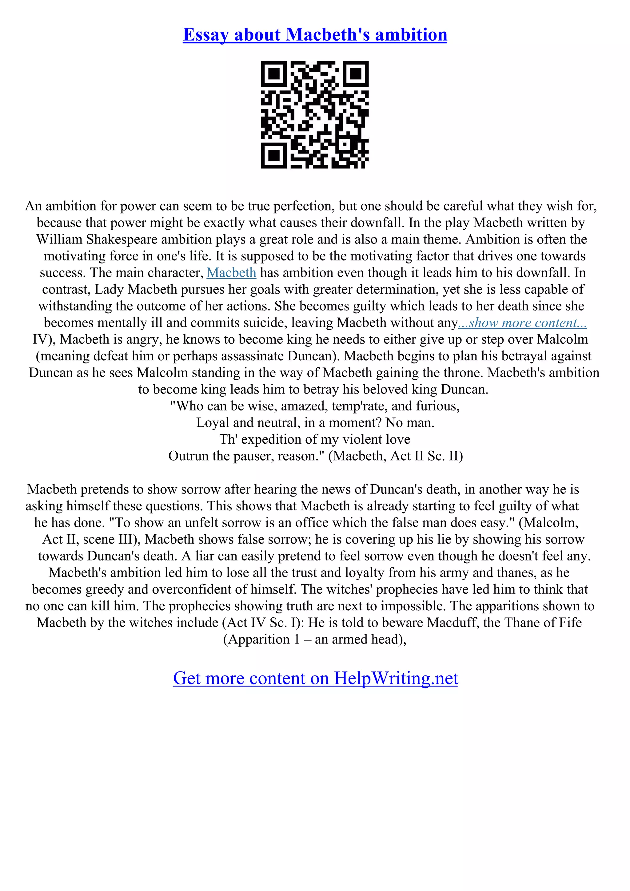 Macbeth Ambition Essay | PDF