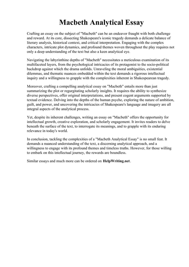 Macbeth Analytical Essay. Macbeth Essay Literature - Year 12 WACE ...