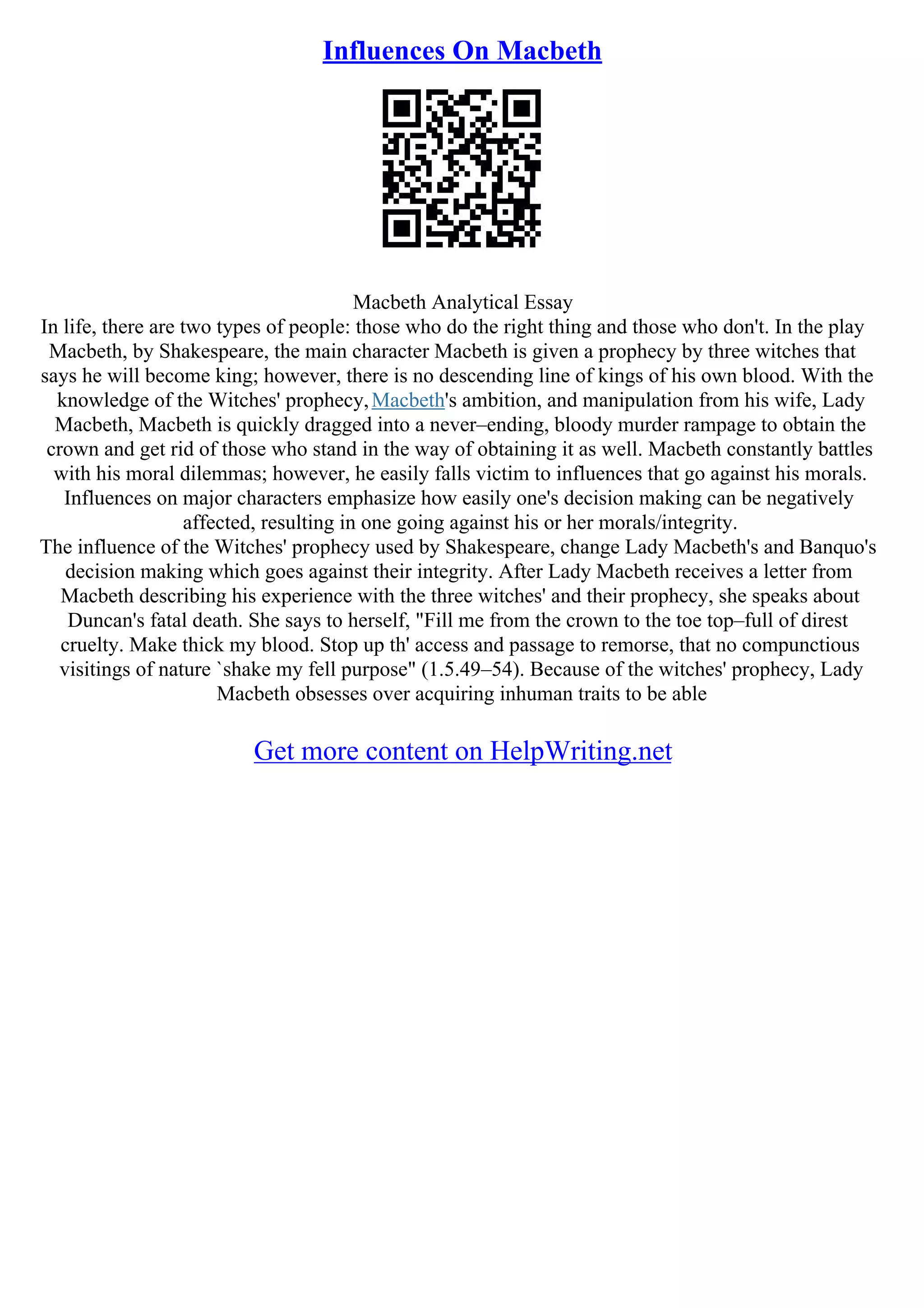 Macbeth Critical Essay | PDF
